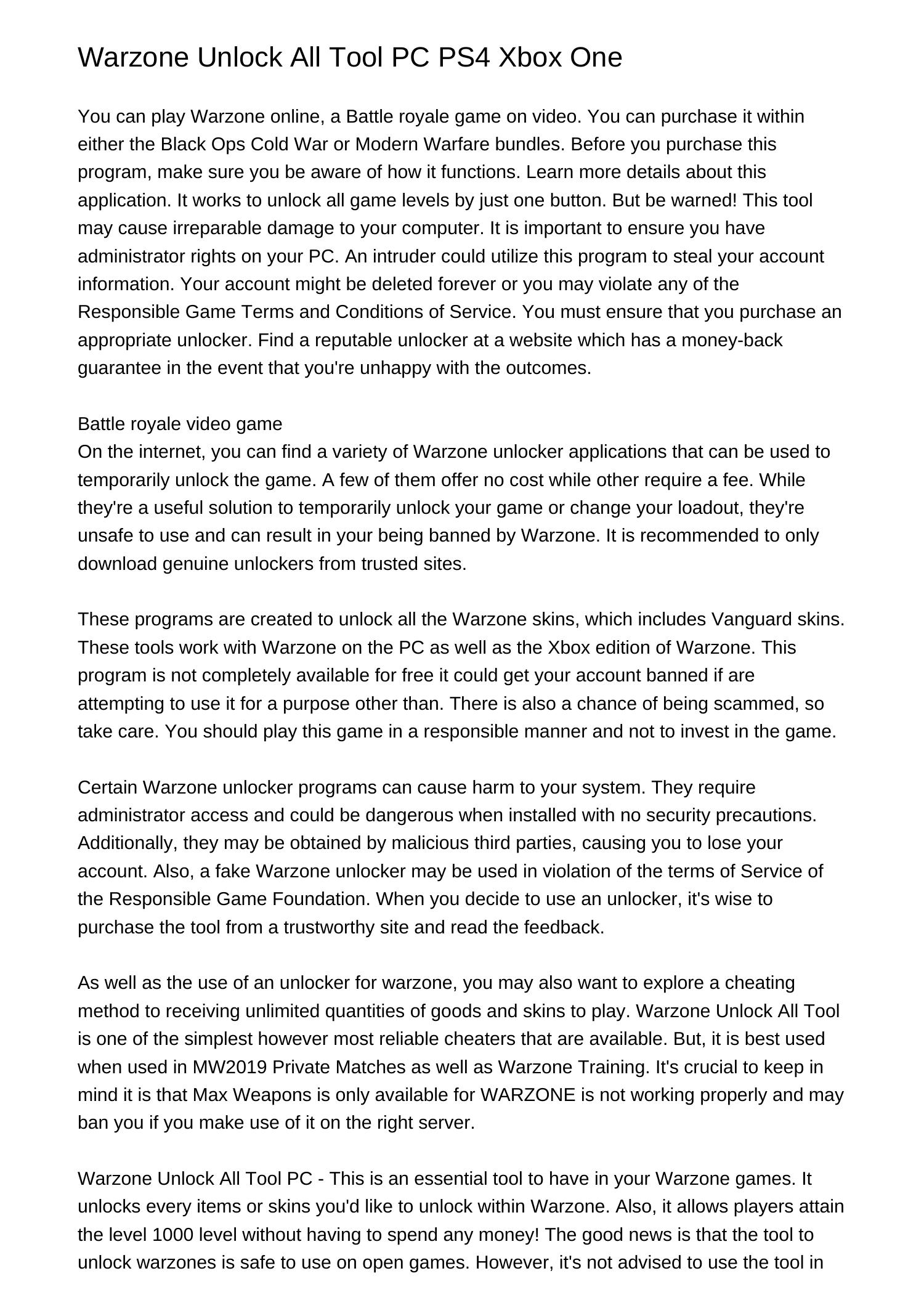 Warzone Unlock All Tool PC PS4 Xbox Onexdjst.pdf.pdf | DocDroid