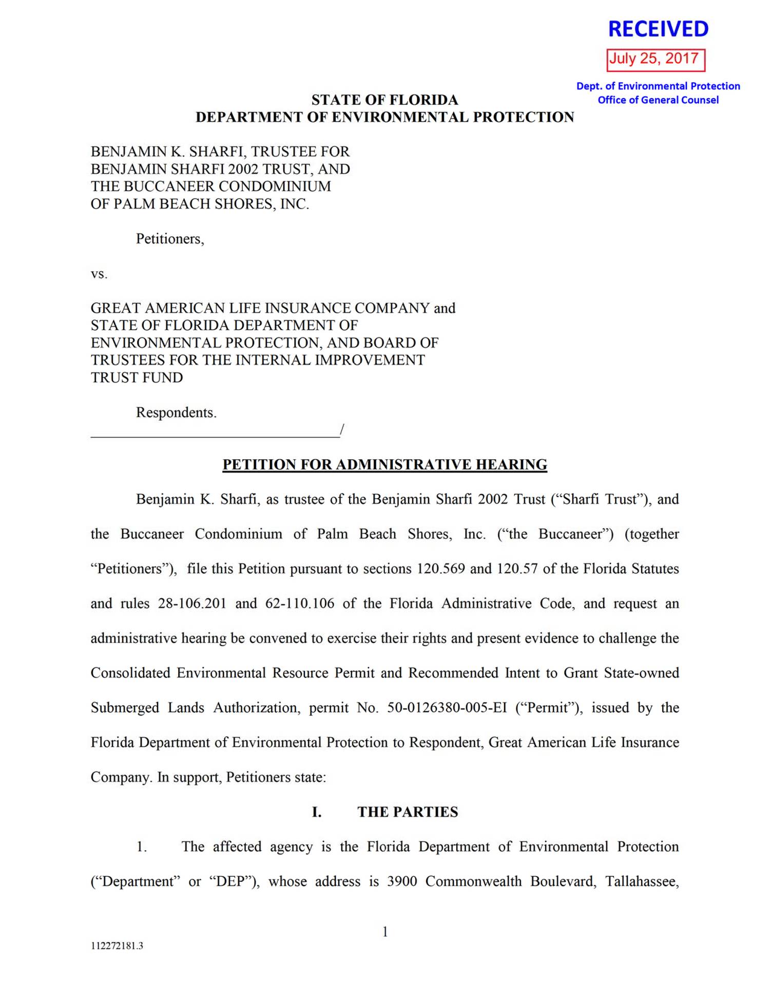 Sharfi%2c Benjamin%2c Trustee%2c et al vs. DEP & Great American%2c et ...