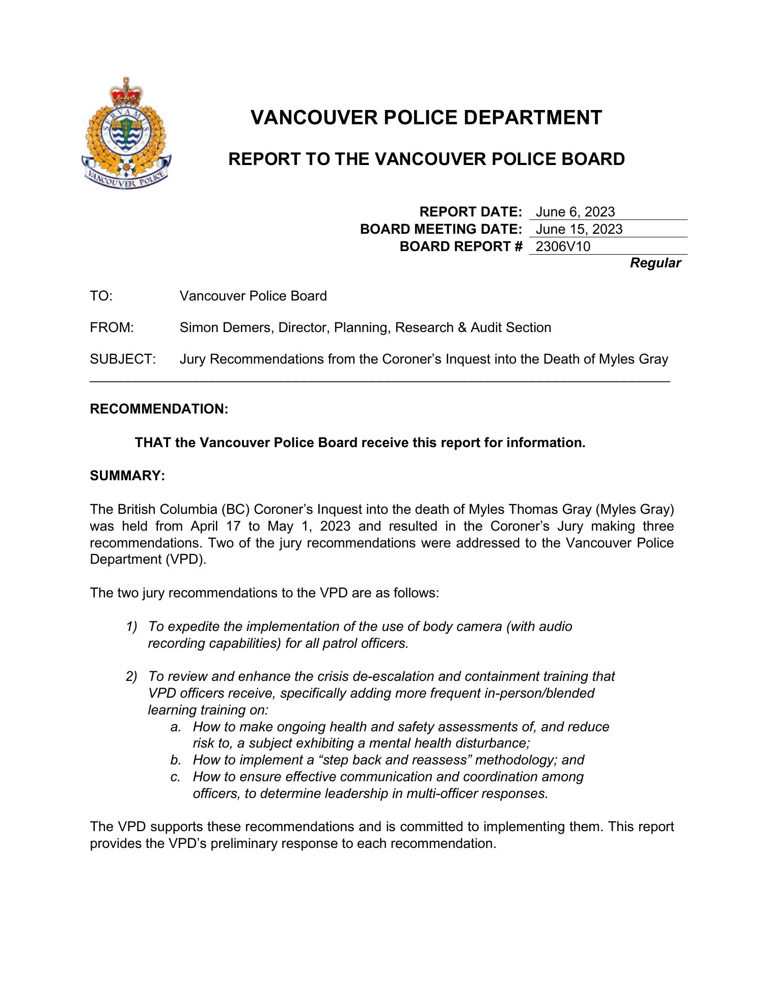 R4-Coroner's Inquest into the Death of Myles Gray TO POLICE BOARD 2023-06-06.pdf | DocDroid