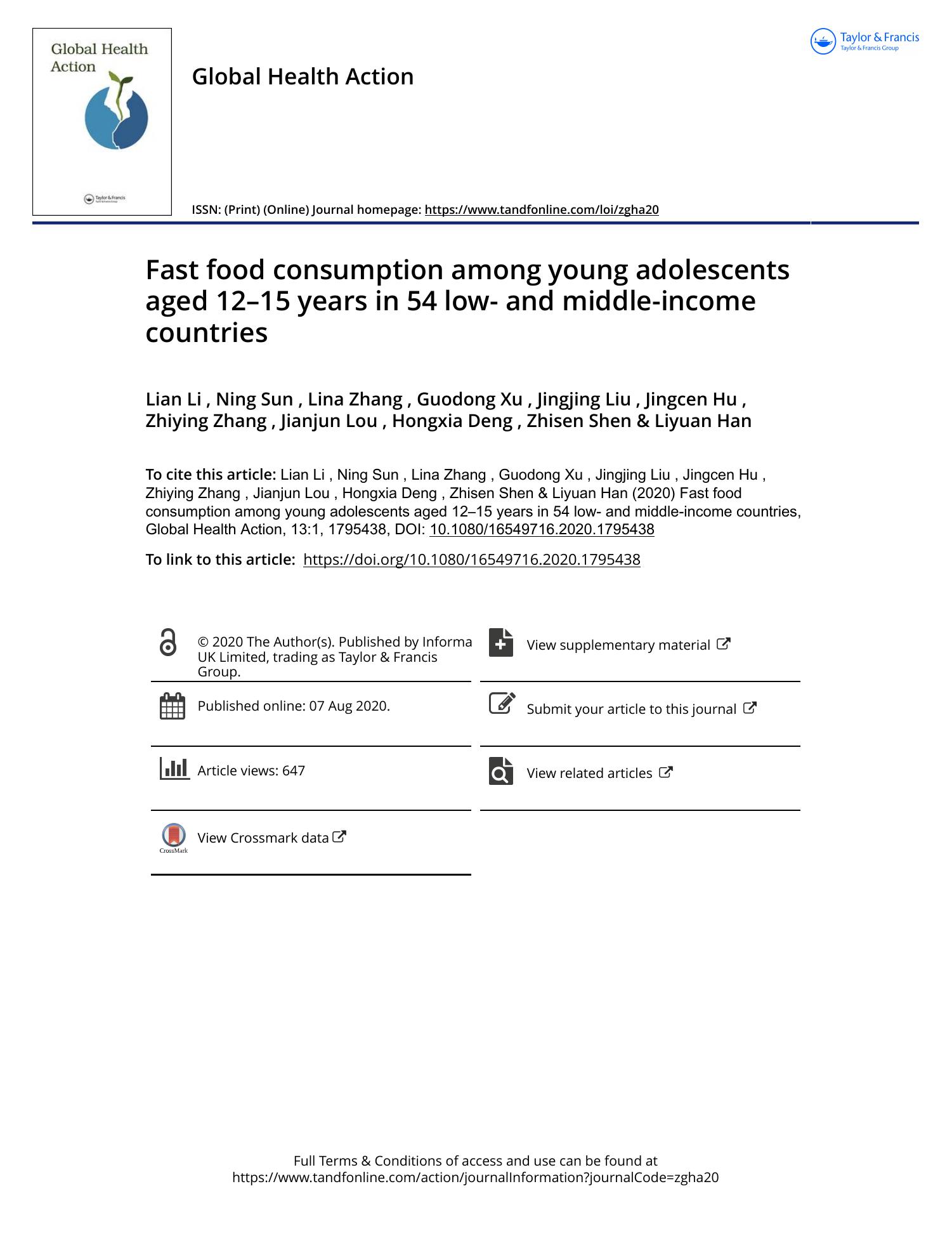Fast food consumption among young adolescents aged 12 15 years in 54 ...