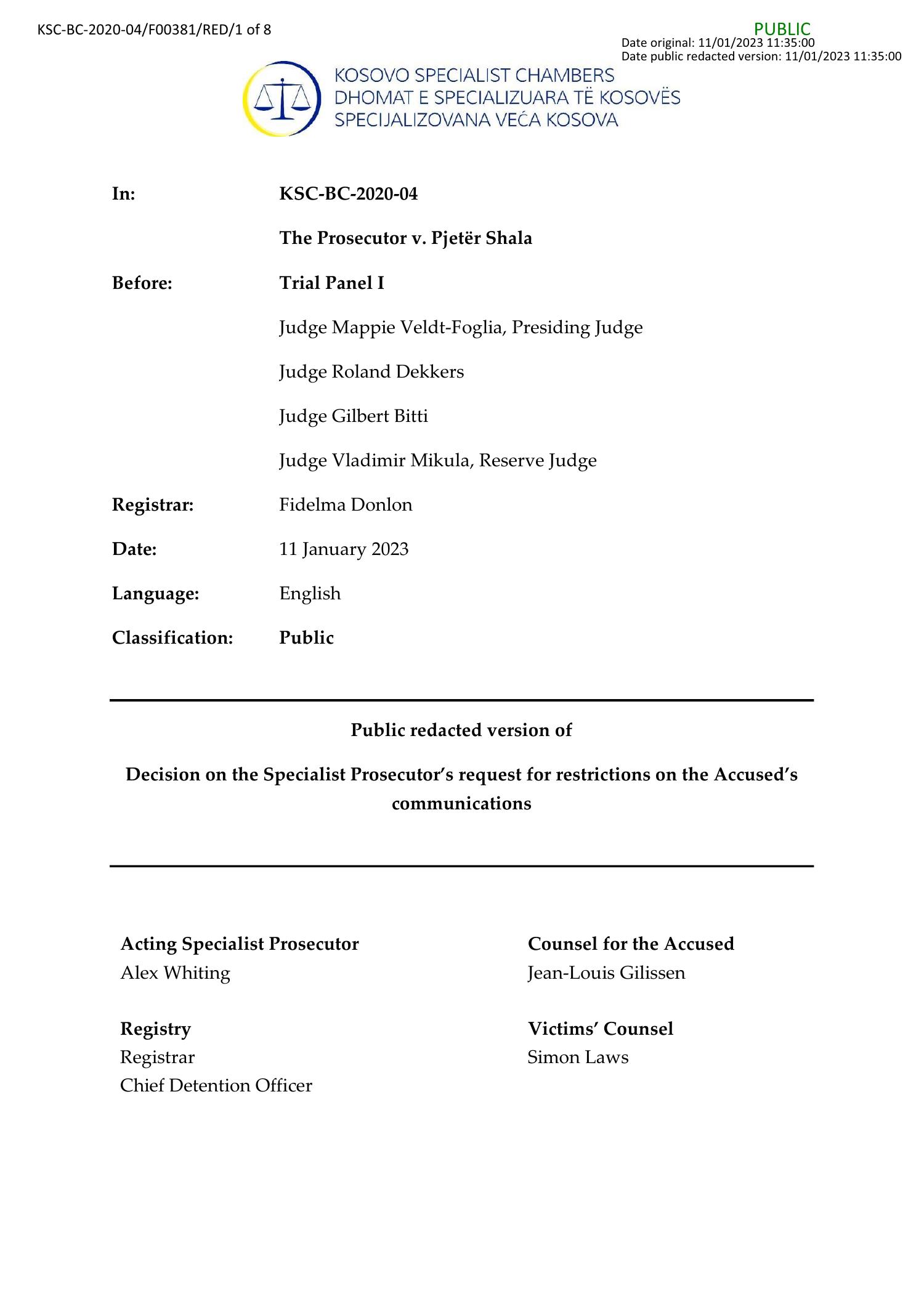 Public redacted version of Decision on the Specialist Prosecutor’s ...