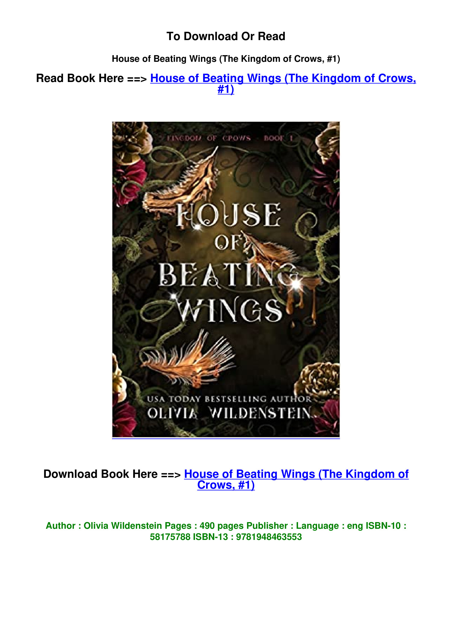 Pdf Download House of Beating Wings The Kingdom of Crows 1 By Olivia ...