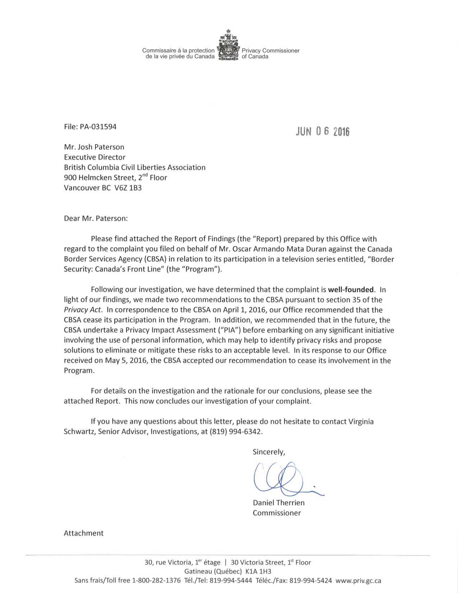 PA-031594 - Letter of Finding - CBSA Border TV Program - June 6 2016 ...