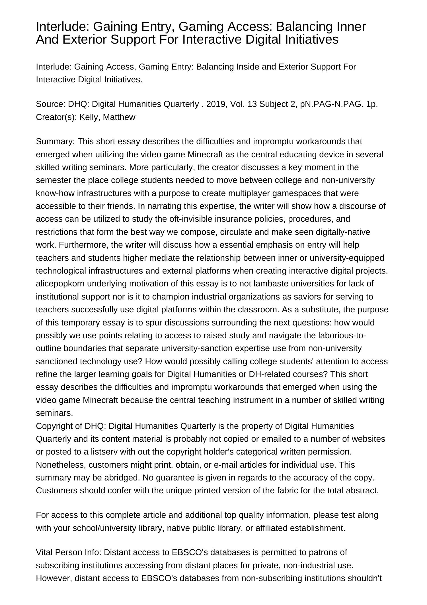 Interlude Gaining Access Gaming Access Balancing Inside And External Support For Interactive ...