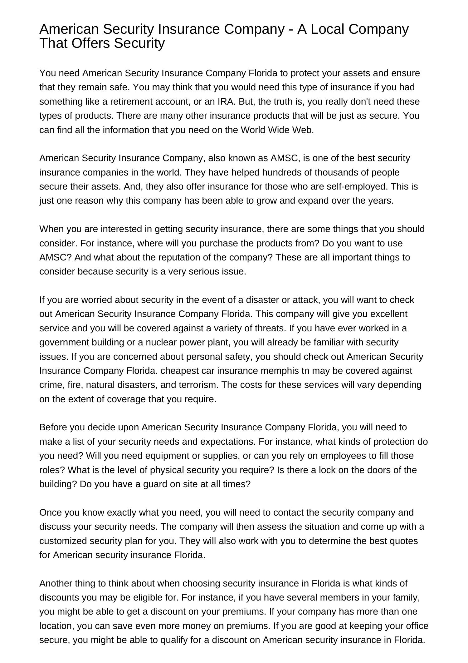 American Security Insurance Company A Local Company That Offers ...