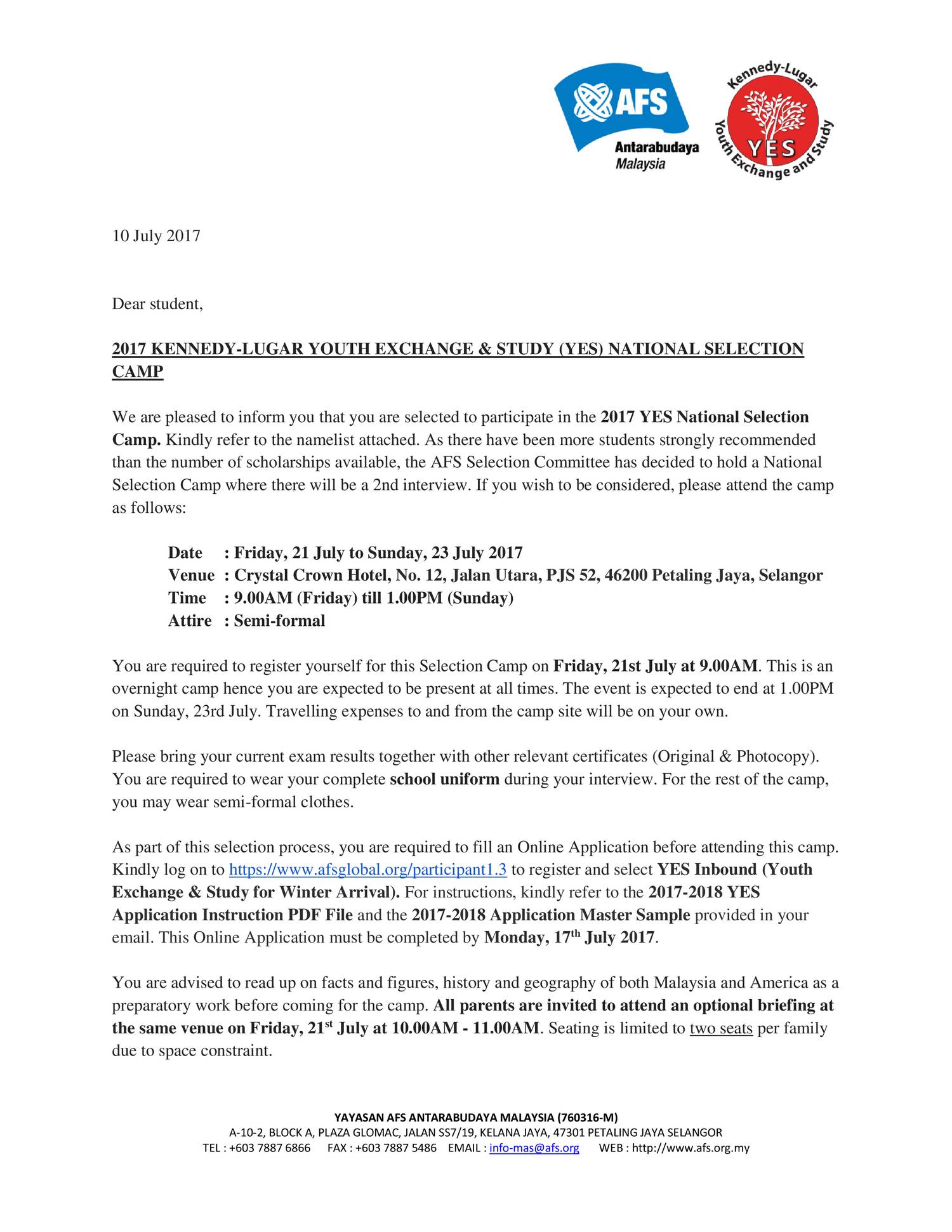 2017 YES SELECTION CAMP - INVITATION LETTER.pdf | DocDroid