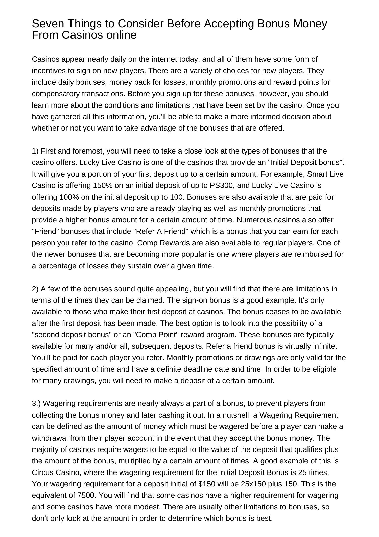 Seven Things You Need to Know before accepting bonus money from Casinos ...