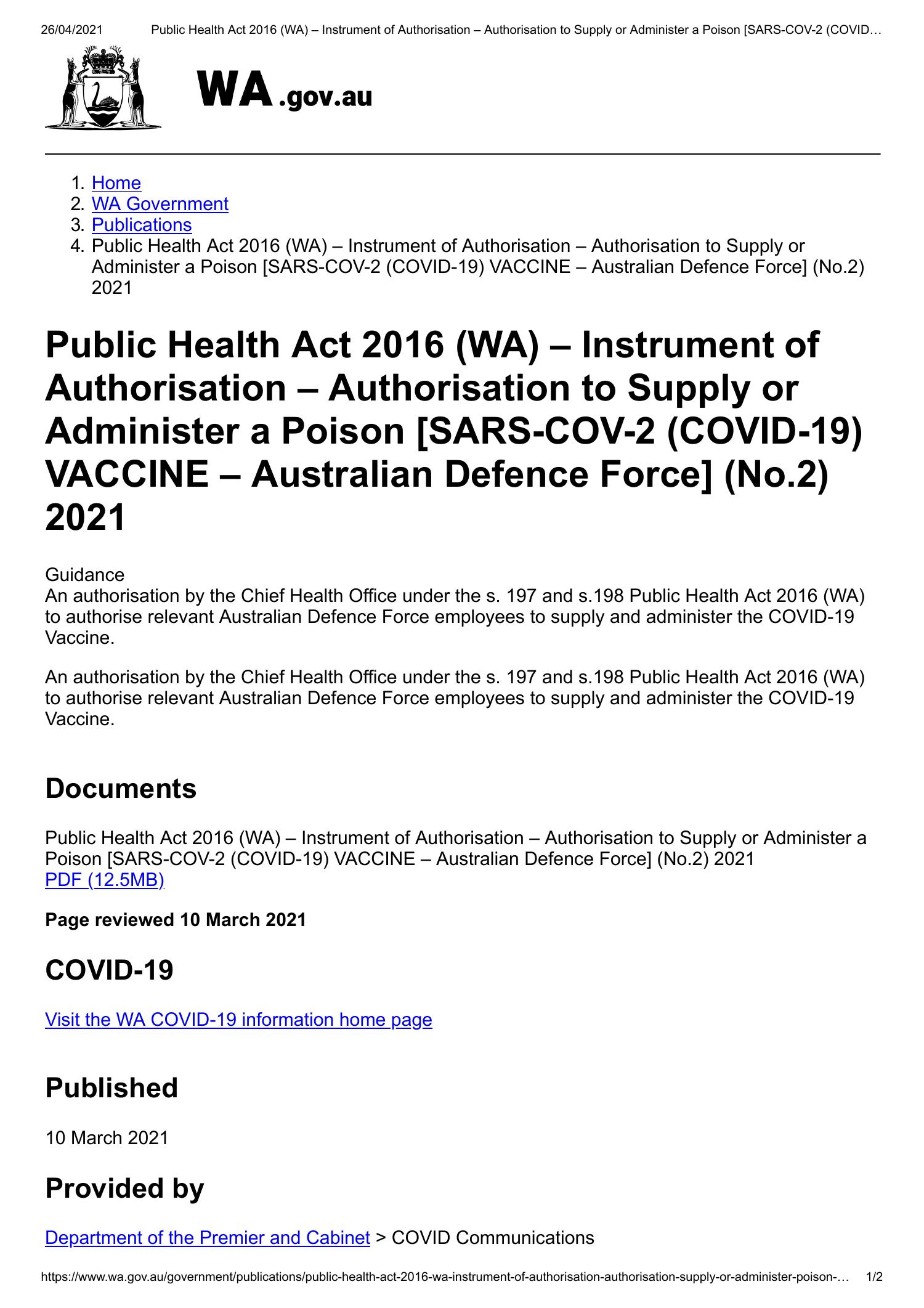 Public Health Act 2016 (WA) – Instrument of Authorisation ...