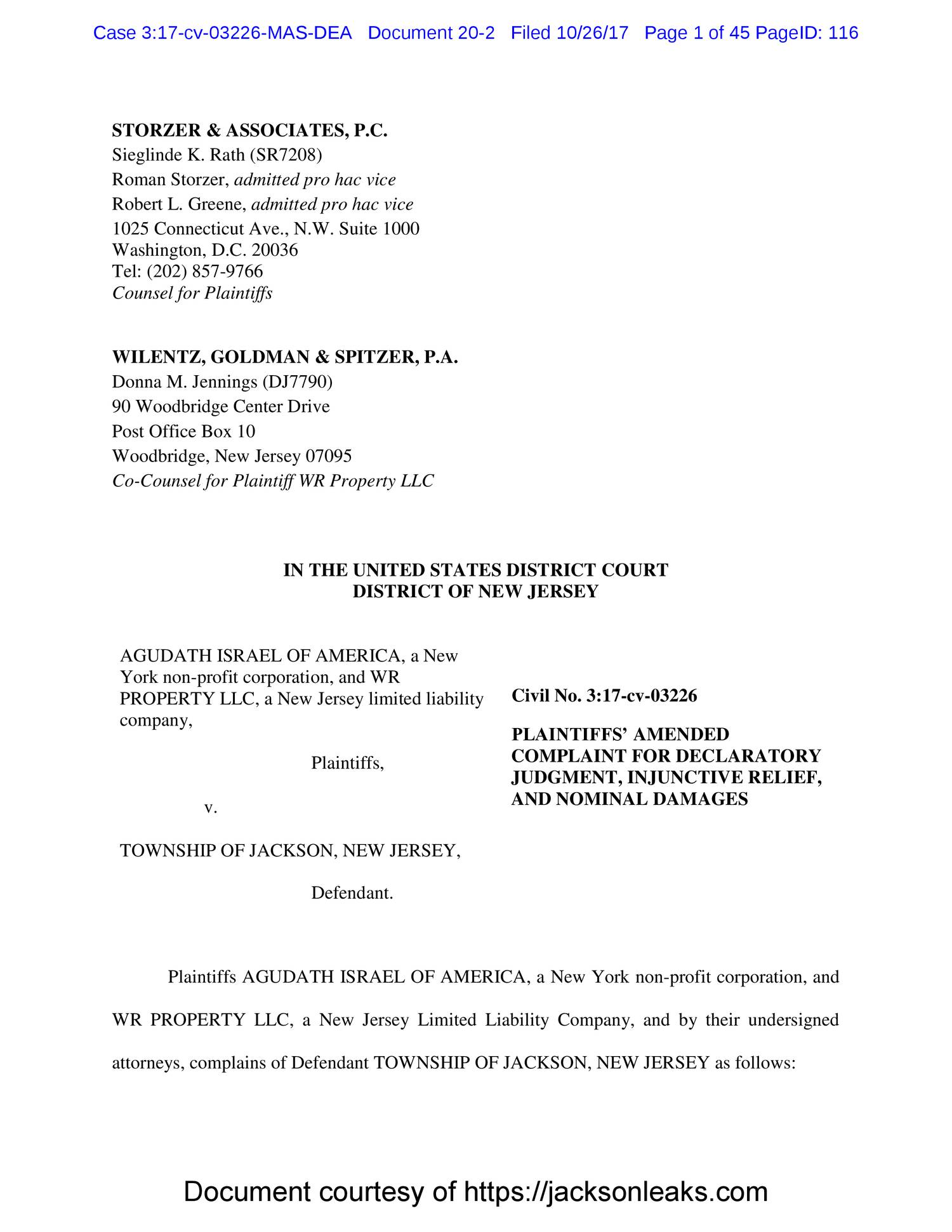 Agudath Israel v Township of Jackson - Amended Complaint.pdf | DocDroid