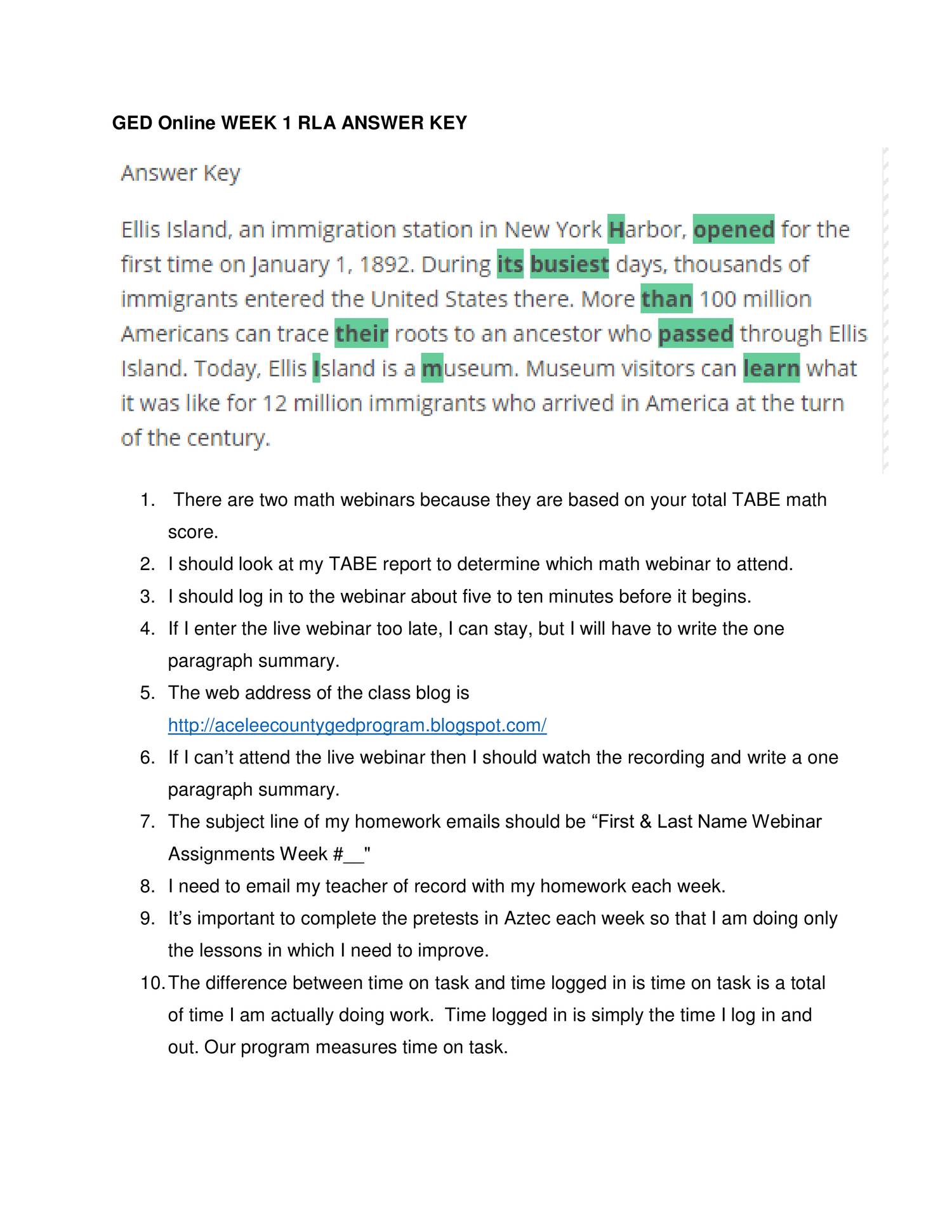 GED Online WEEK 1 RLA ANSWER KEY pdf DocDroid