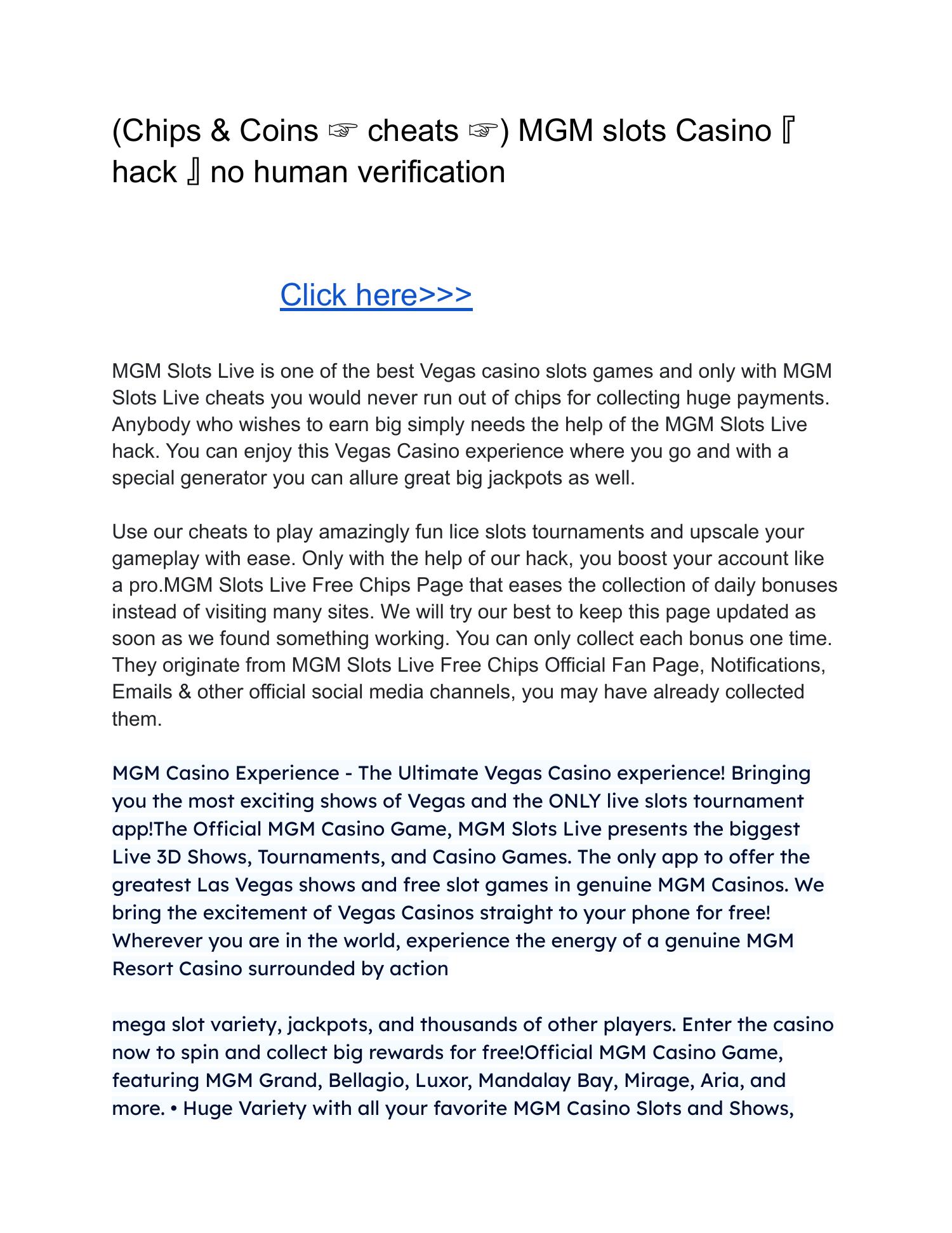 (Chips & Coins ☞ cheats ☞) MGM slots Casino 『 hack 』 no human ...