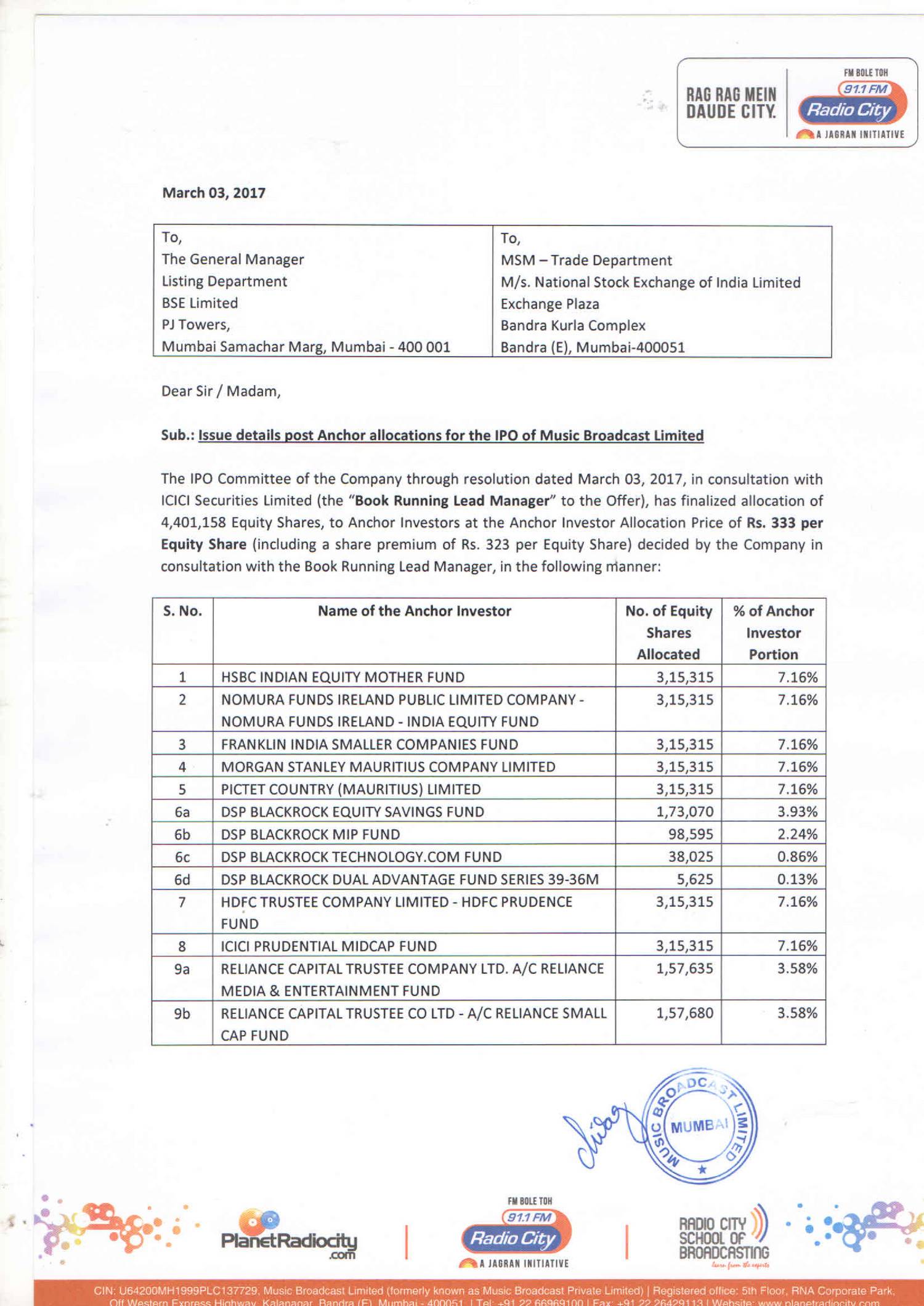 Anchor Allocation RADIOCITY- Intimation to SE.pdf | DocDroid
