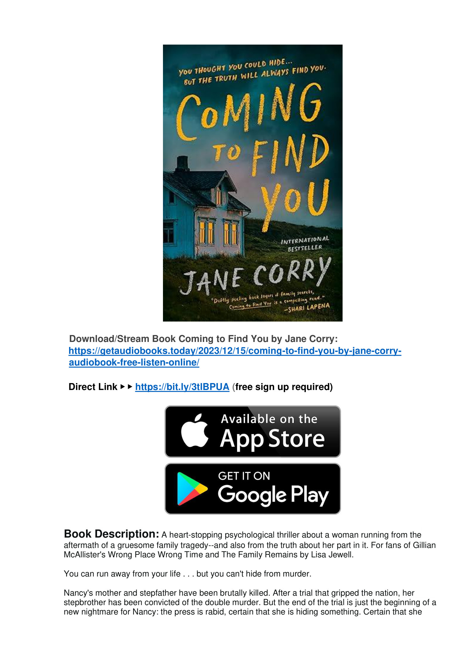 PDF Book Coming to Find You by Jane Corry Audiobook Free Download.pdf ...