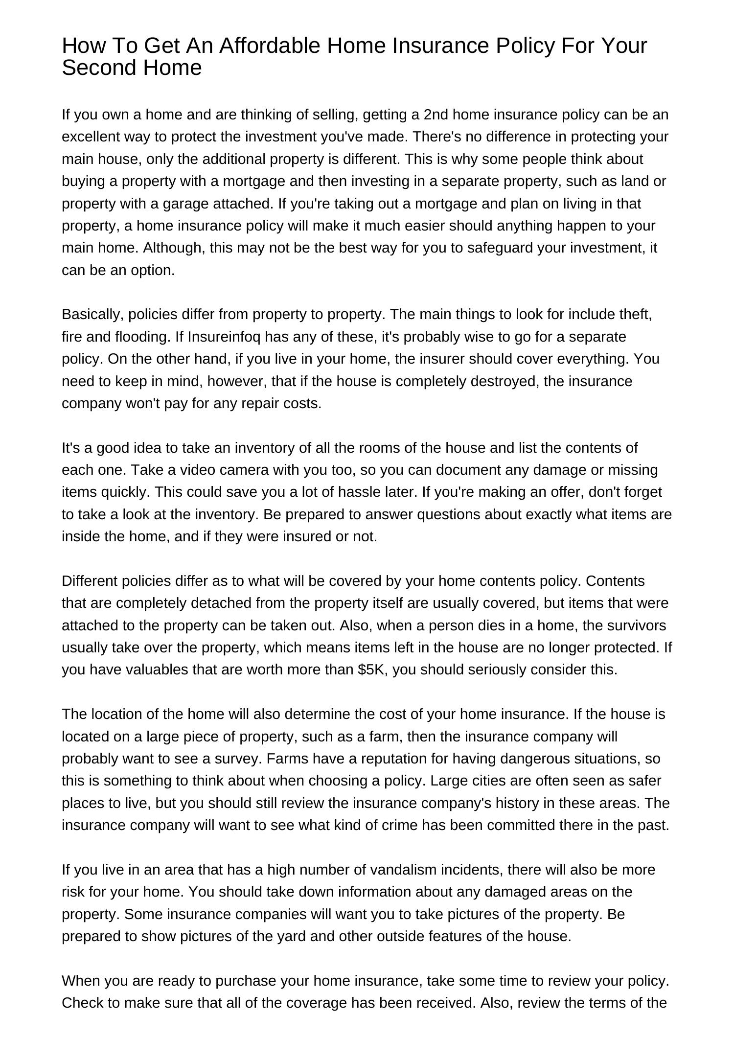 How To Get An Affordable Home Insurance Policy For Your Second ...