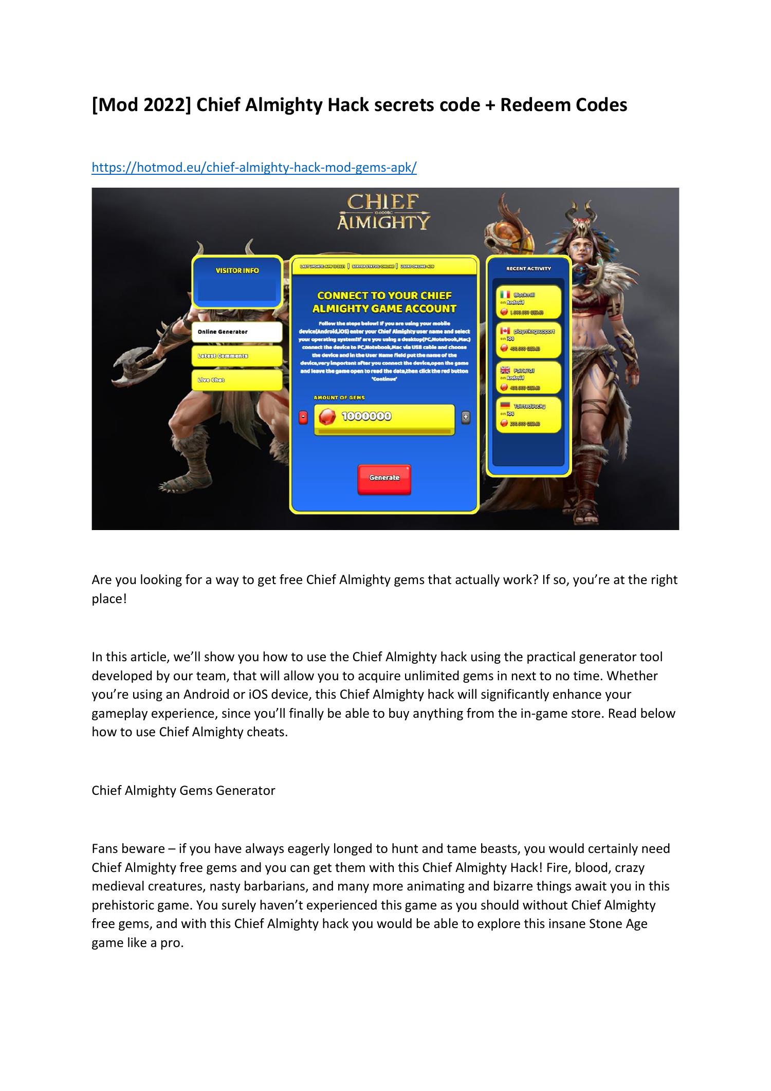 [Mod 2022] Chief Almighty Hack secrets code + Redeem Codes.pdf | DocDroid