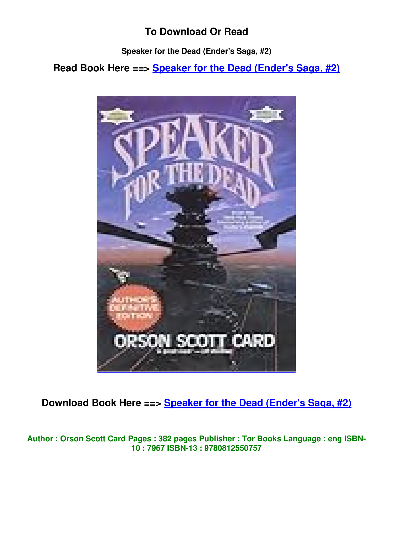 download epub Speaker for the Dead Ender s Saga 2 BY Orson Scott Card ...