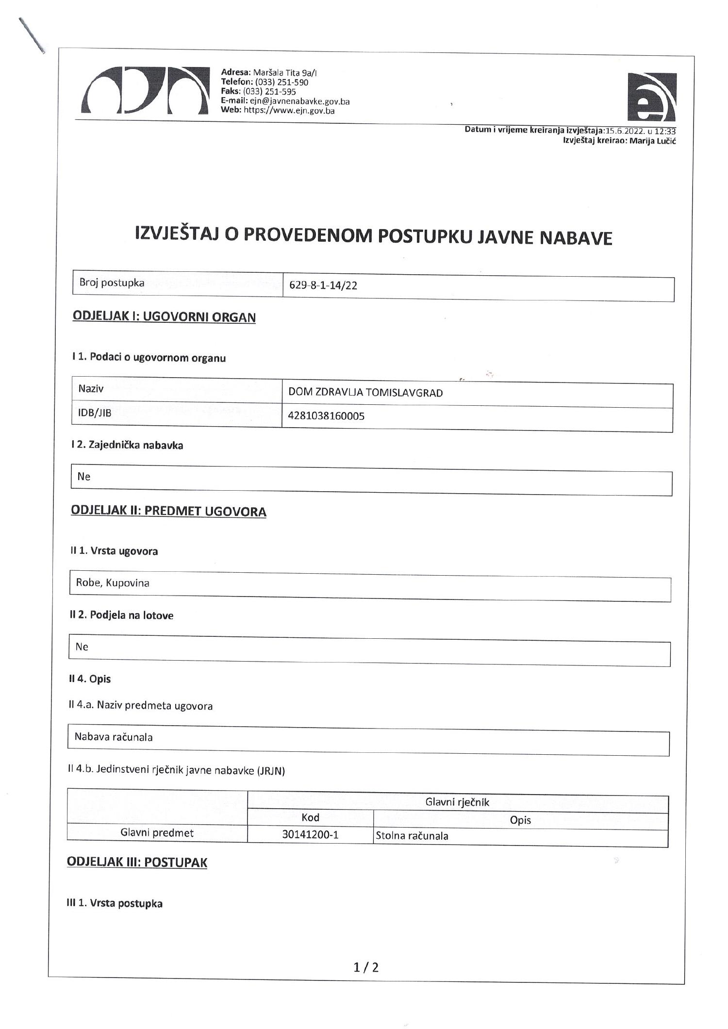 IZVJEŠTAJ O PROVEDENOM POSTUPKU- NABAVA RAČUNALA.pdf | DocDroid