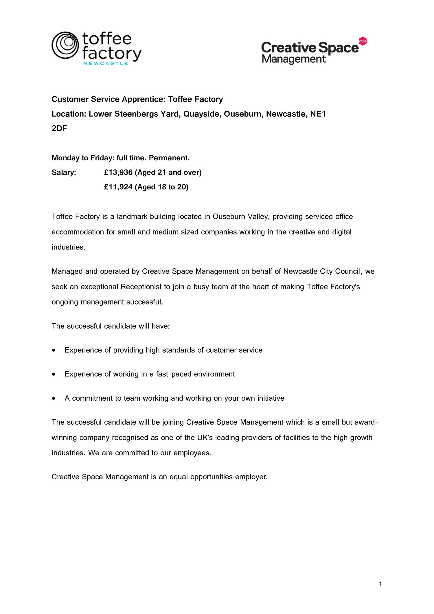 Toffee Factory Customer Service Apprentice Job Description Oct 16.pdf ...