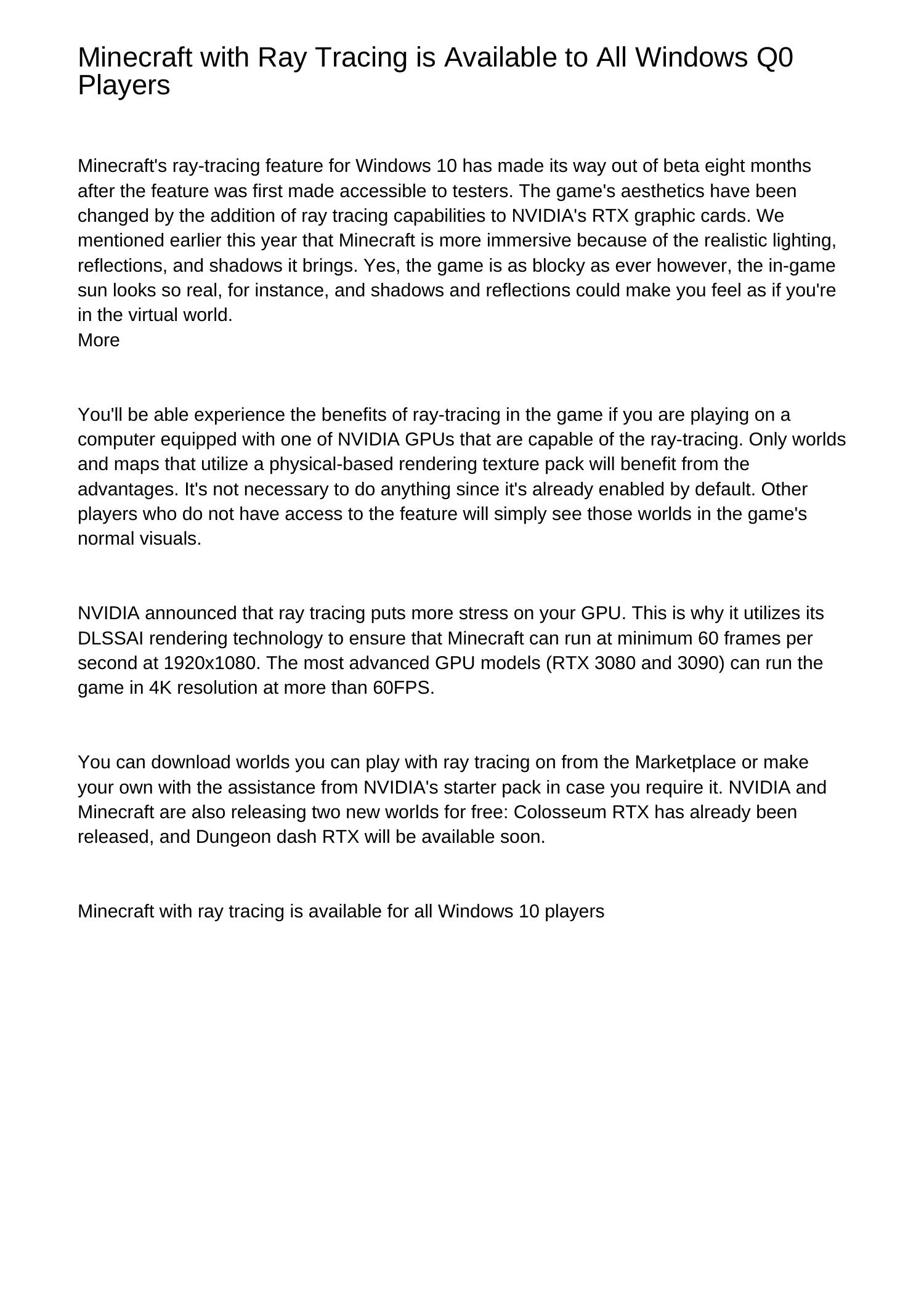 Minecraft with Ray Tracing is Available for All Windows Q0 Playersicsqn ...