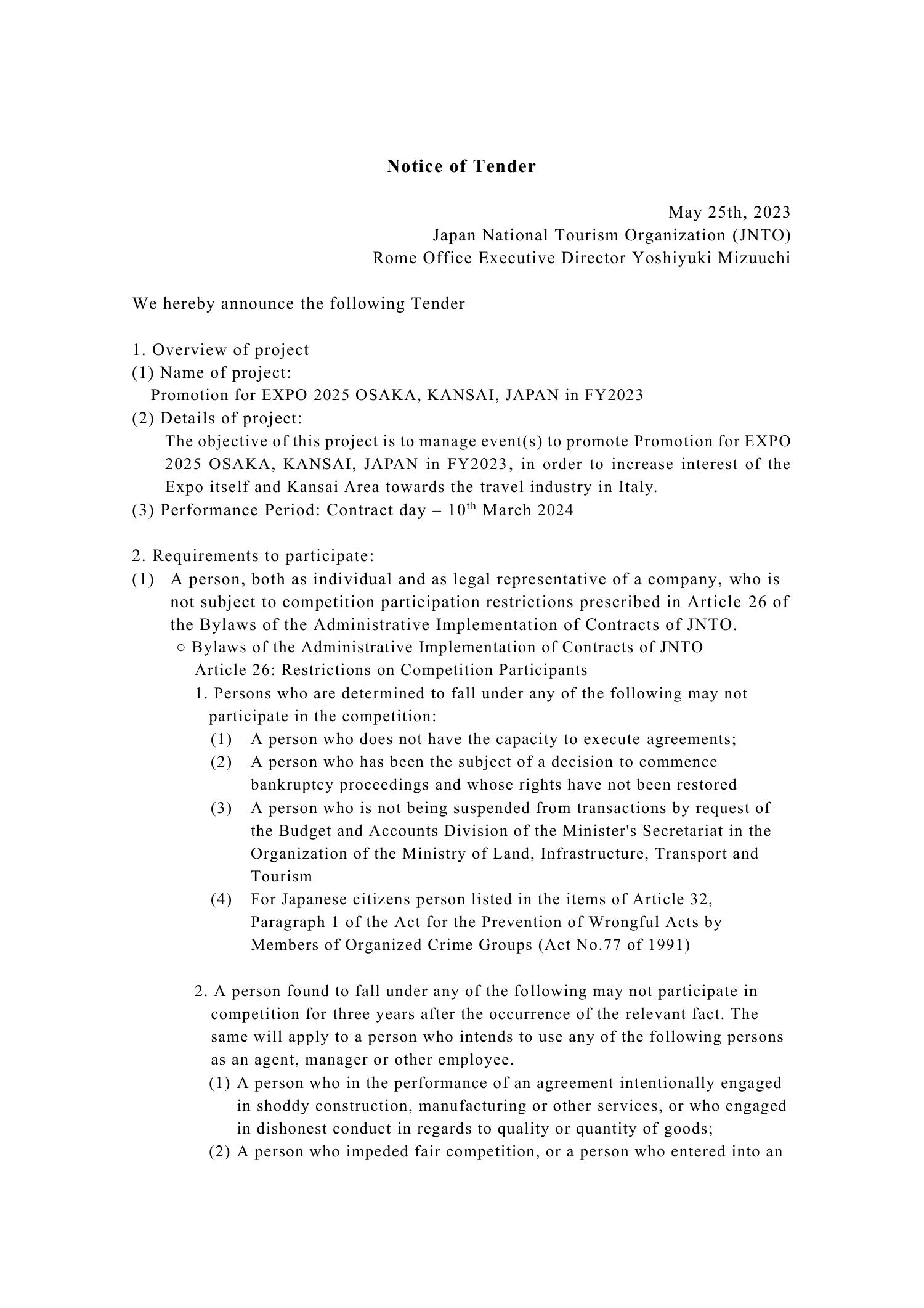 Notice of Tender (Promotion for EXPO 2025 OSAKA, KANSAI, JAPAN in ...