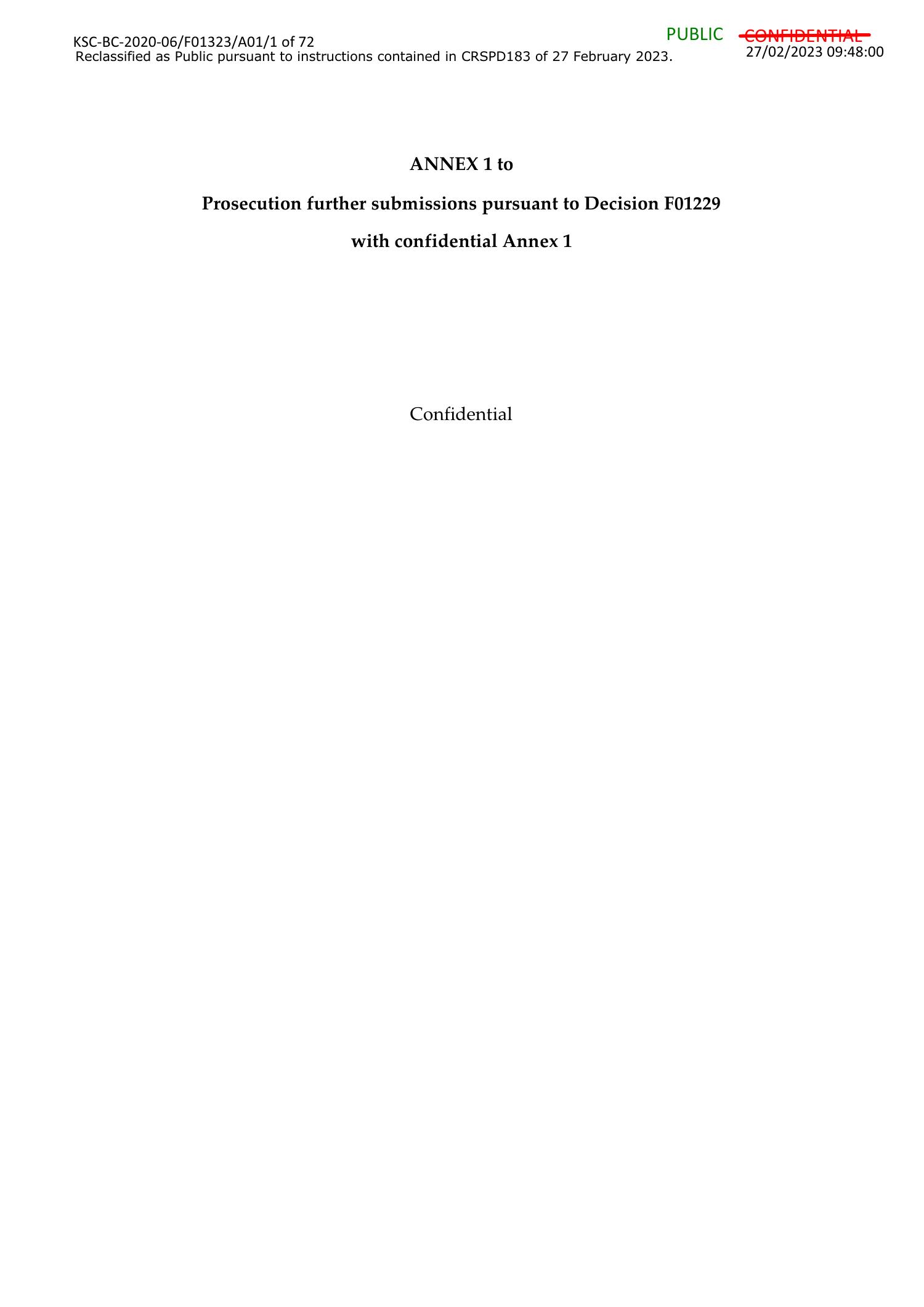 ANNEX 1 to Prosecution further submissions pursuant to Decision F01229 with confidential Annex 1 ...