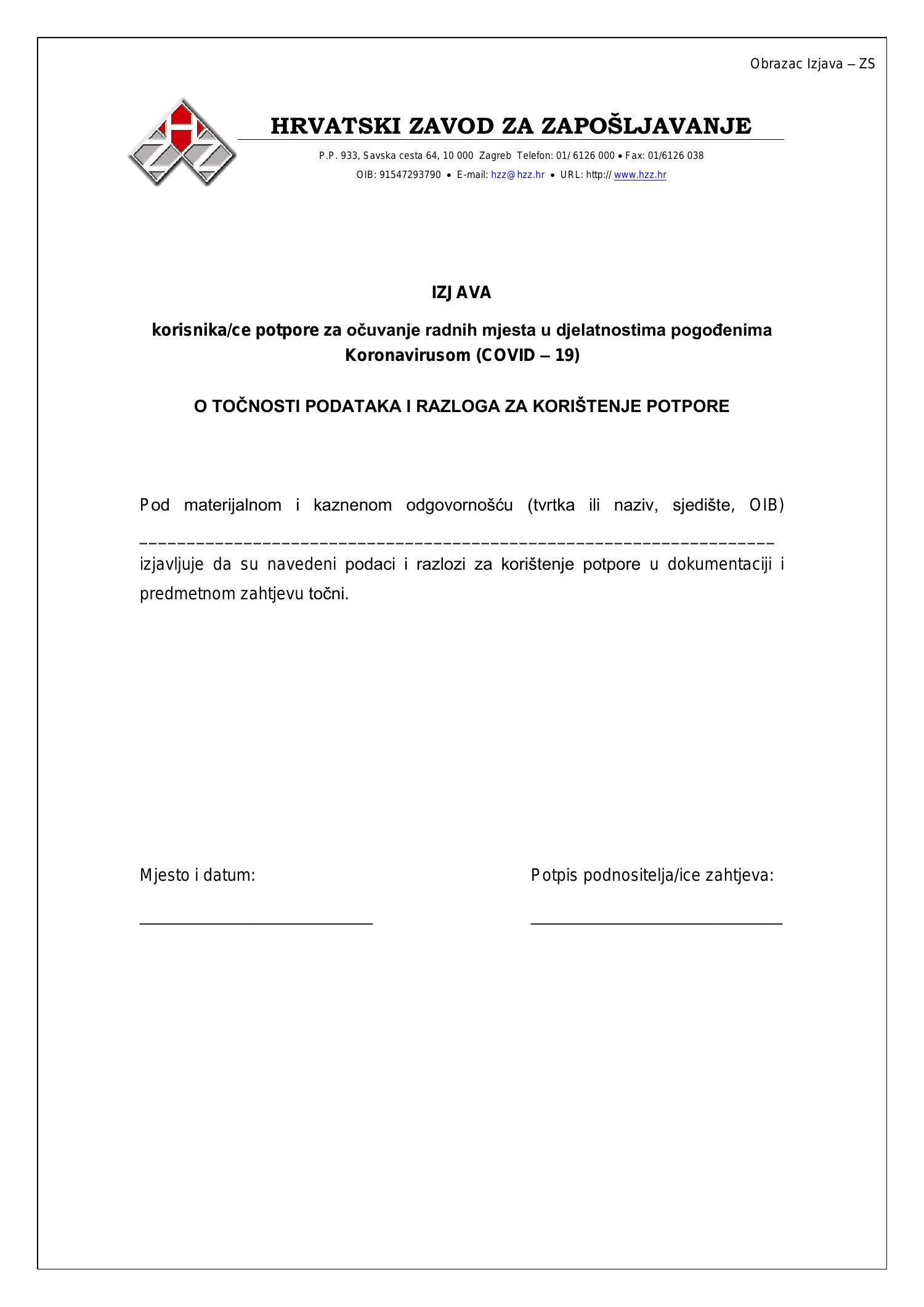 Izjava o točnosti podataka i razloga za korištenje potpora.doc | DocDroid