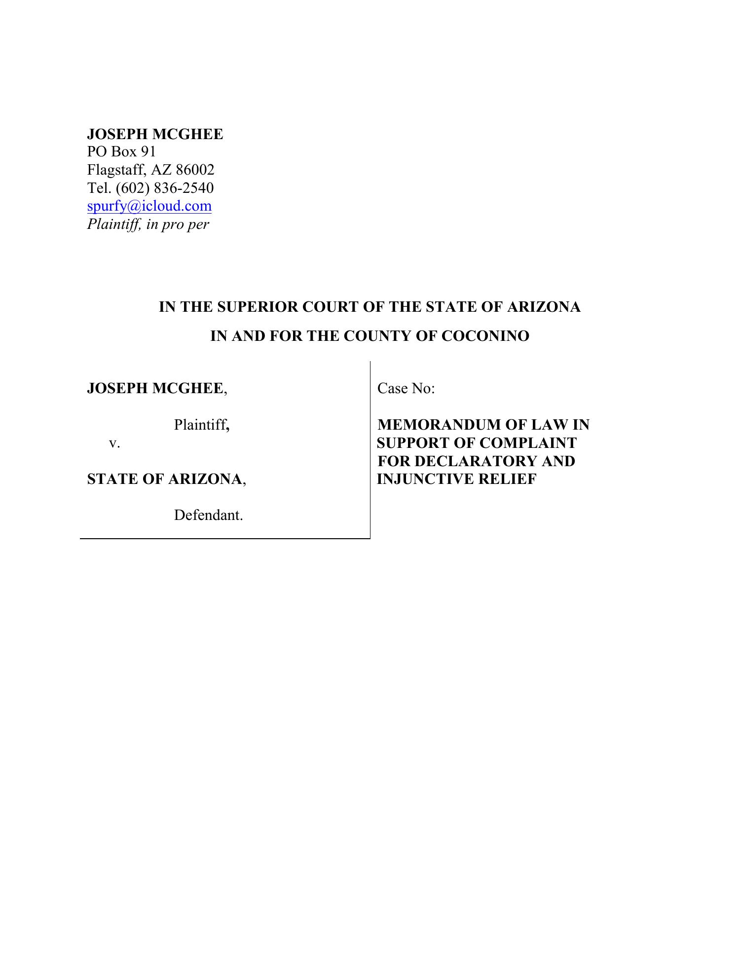MCGHEE v. STATE - Memo to Complaint for Declaratory and Injunctive Relief (ARS 13-1302 and -2923 ...