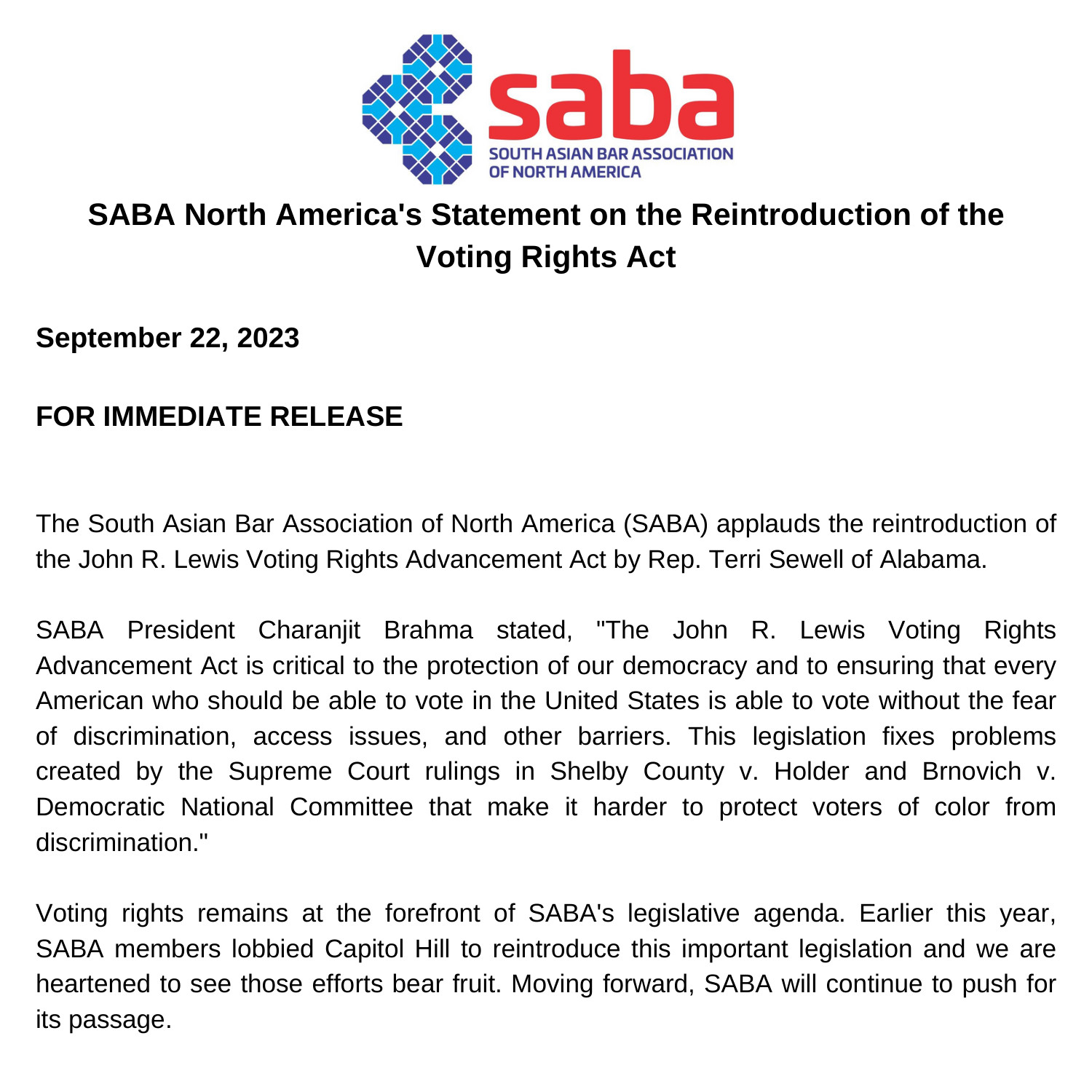 SABA North America’s Statement on the Reintroduction of the Voting ...