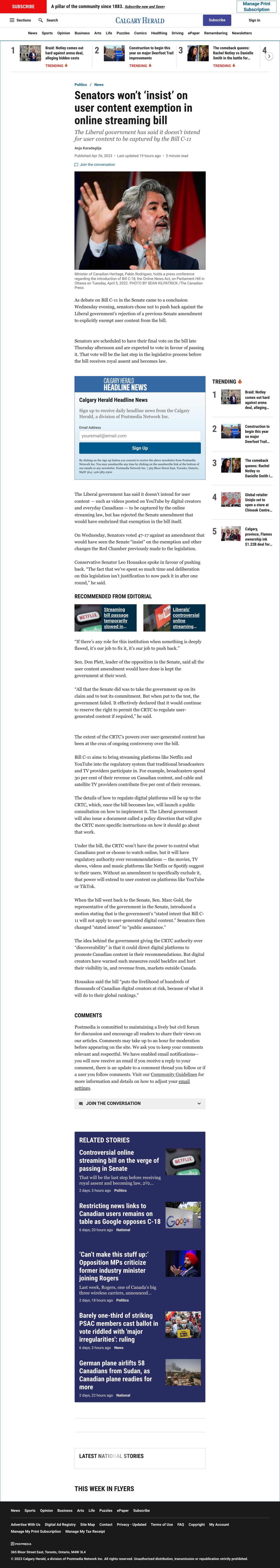 Senators won’t ‘insist’ on user content exemption in online streaming ...