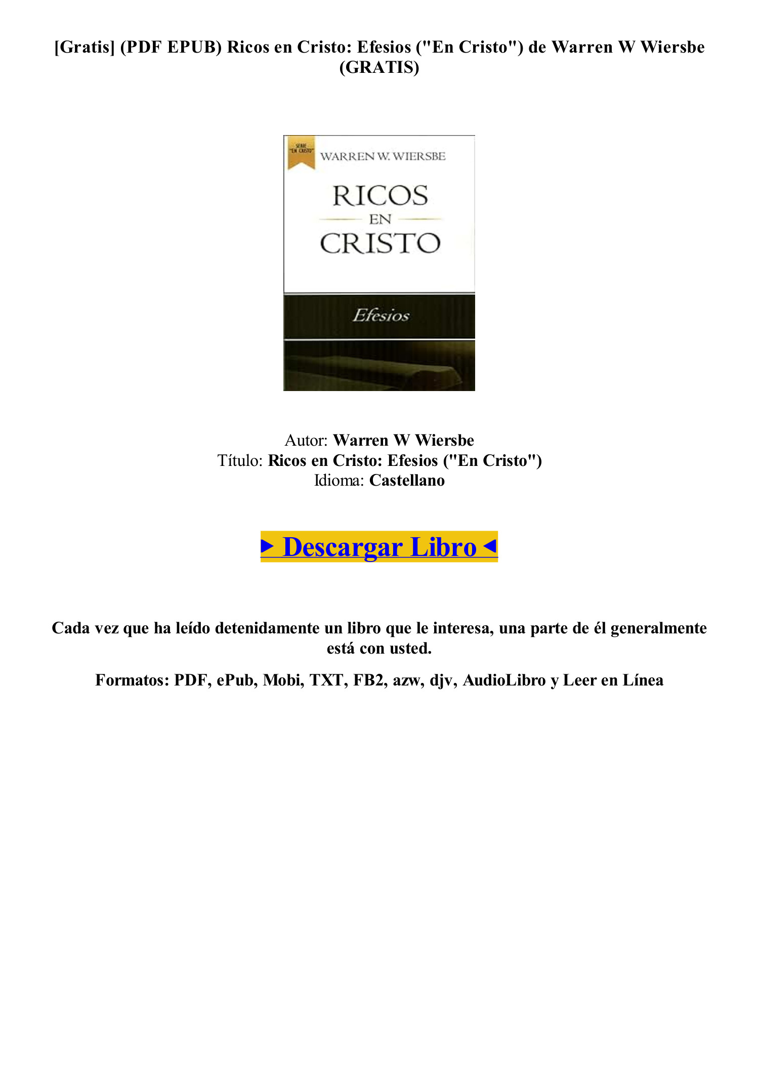 Libro [PDF FB2] Ricos en Cristo Efesios (En Cristo) de Warren W Wiersbe Libro.pdf | DocDroid