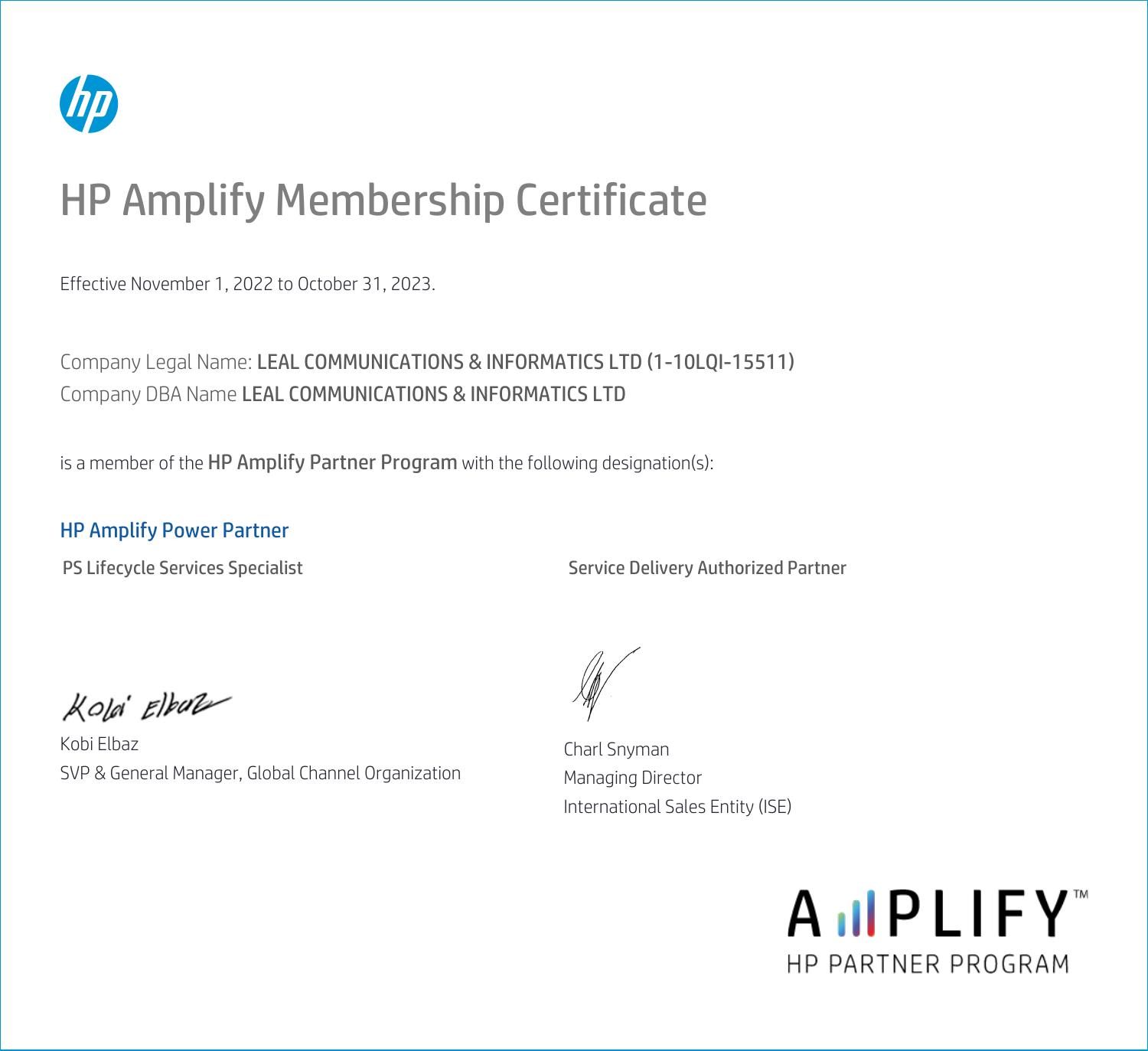 HP Amplify Membership Certificate - LEAL COMMUNICATIONS & INFORMATICS ...