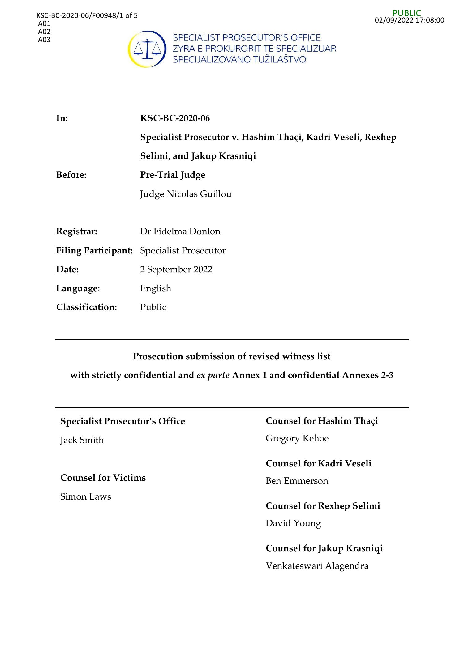 Prosecution submission of revised witness list with strictly ...