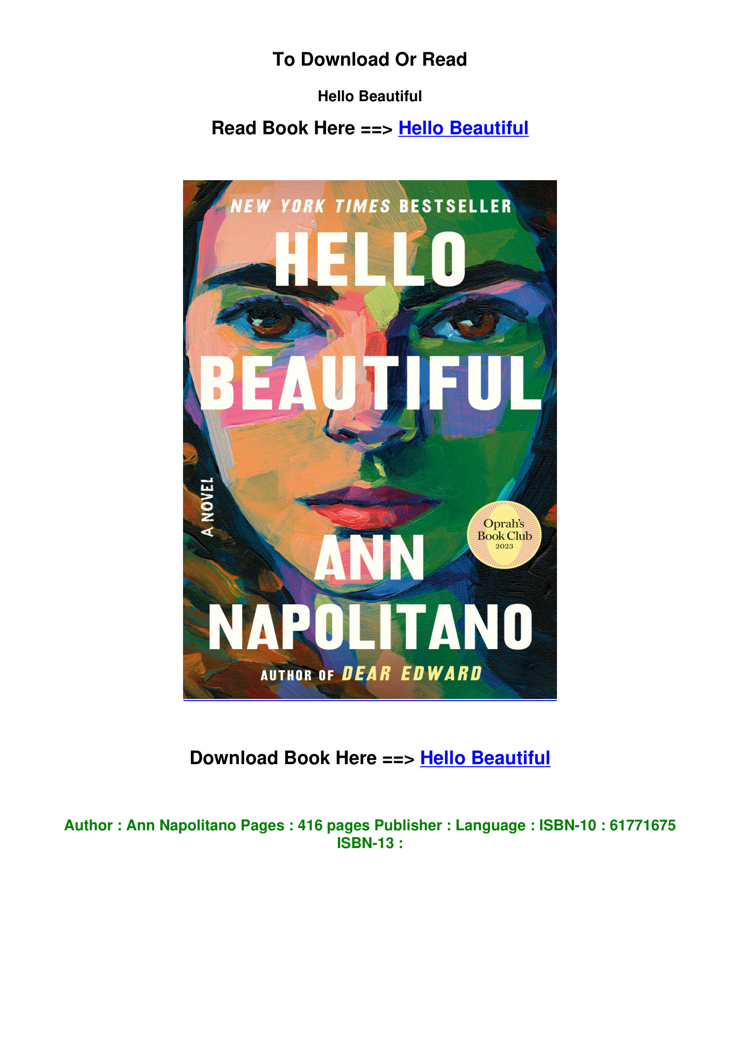 Download epub Hello Beautiful By Ann Napolitano.pdf | DocDroid