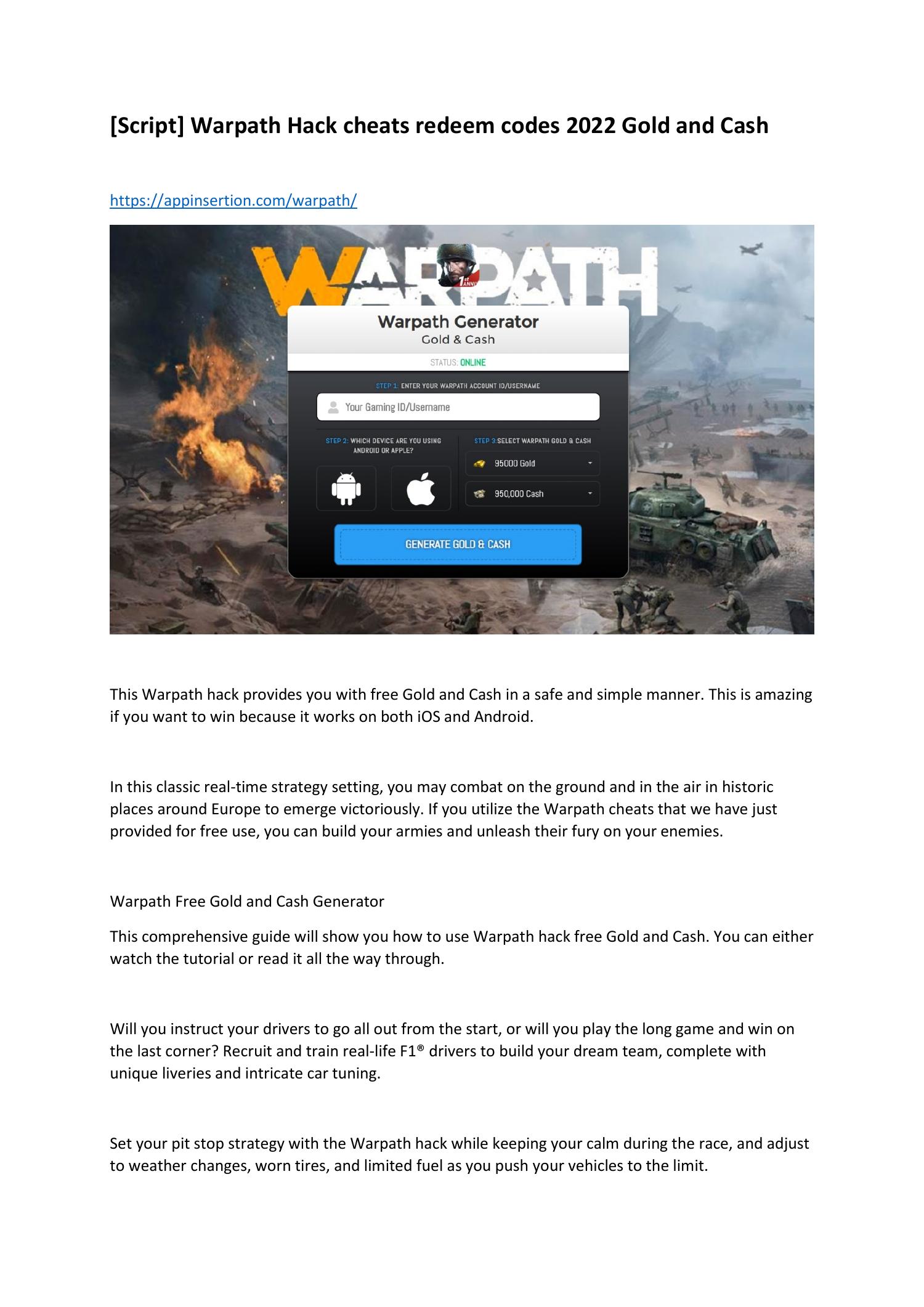 [Script] Warpath Hack cheats redeem codes 2022 Gold and Cash.pdf | DocDroid
