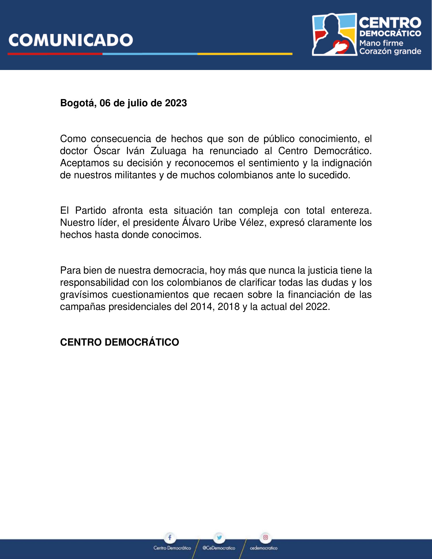 COMUNICADO CENTRO DEMOCRÁTICO A LA OPINIÓN PUBLICA.pdf | DocDroid