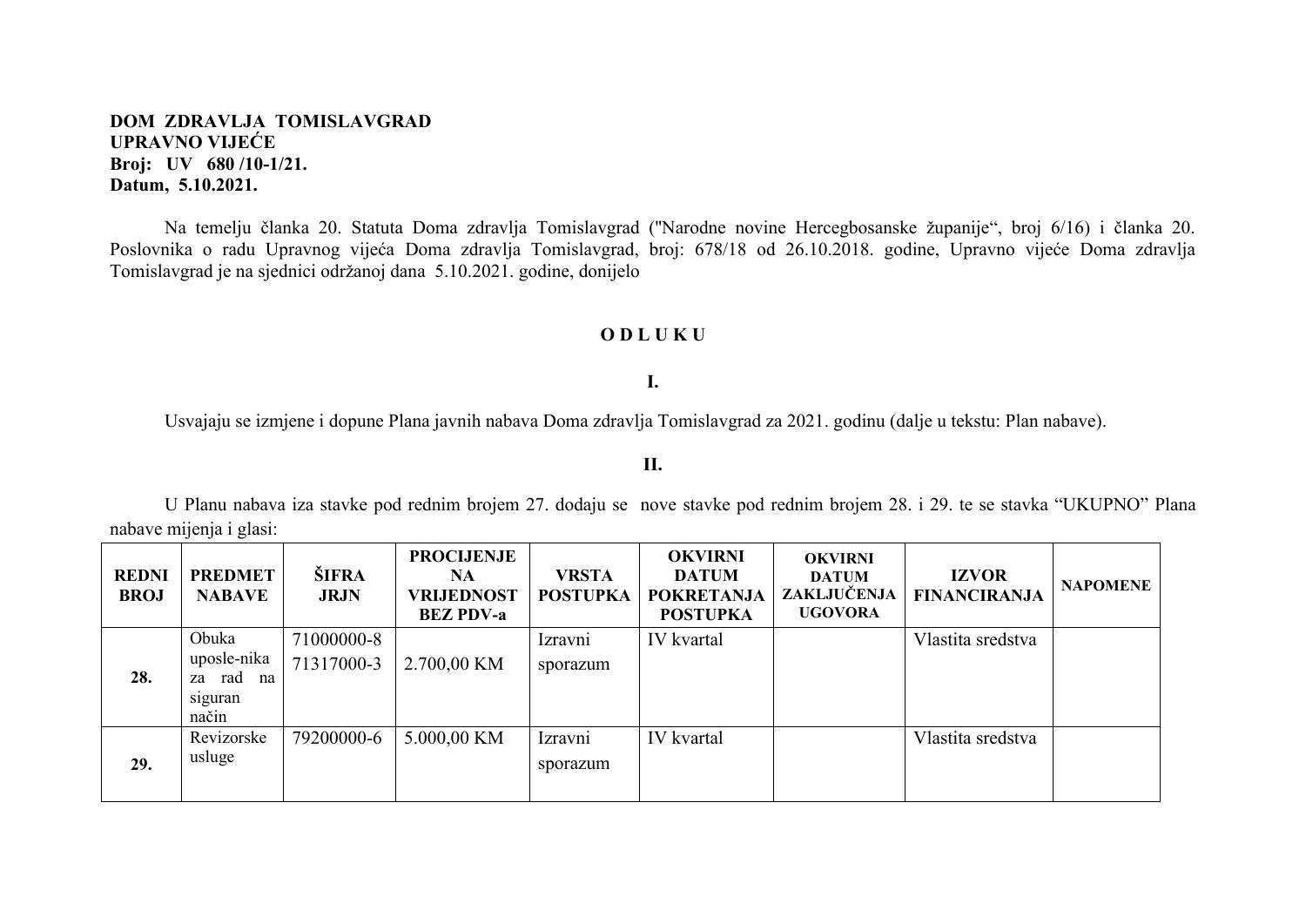 Izmjene i dopune Plana javnih nabava Doma zdravlja Tomislavgrad za 2021 ...