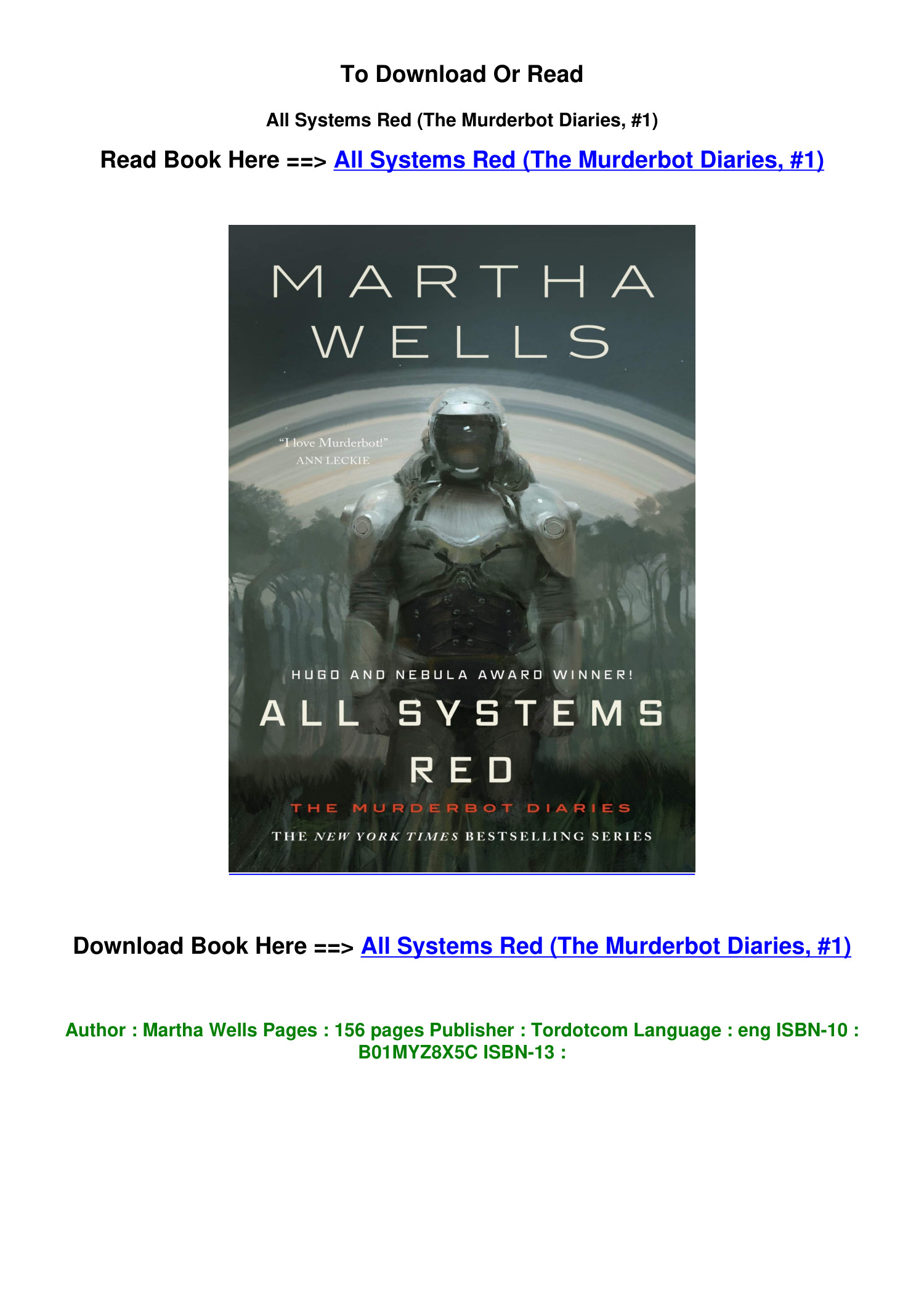 download Pdf All Systems Red The Murderbot Diaries 1 BY Martha Wells ...