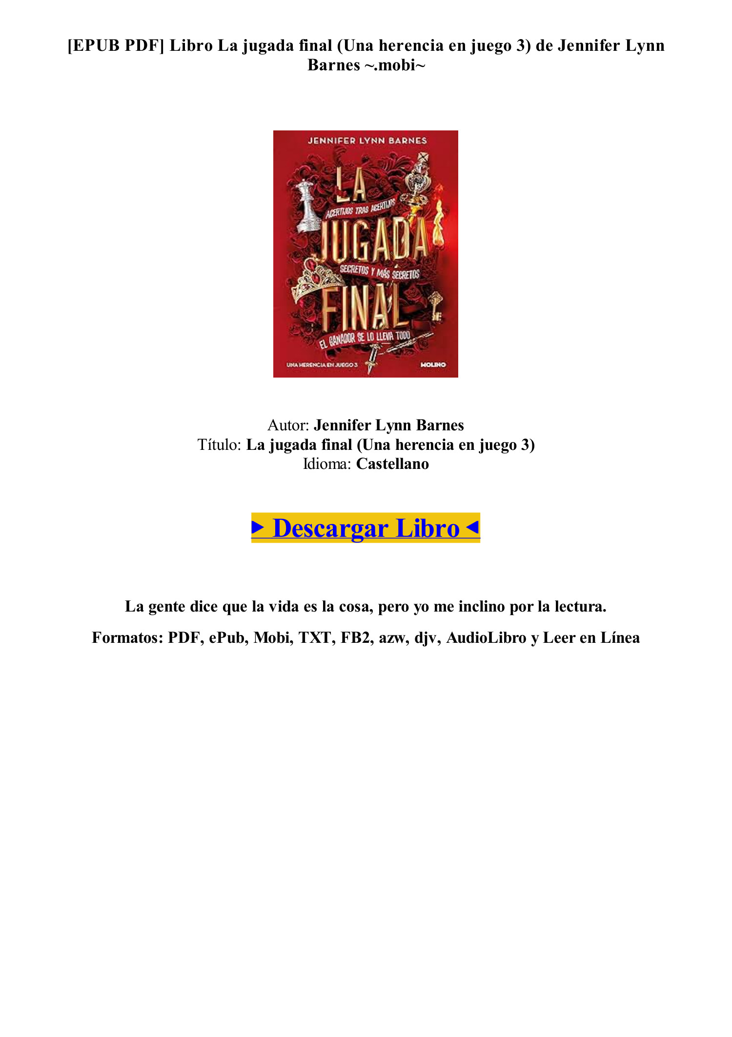 Descargar Libro La jugada final (Una herencia en juego 3) de Jennifer Lynn Barnes MP3.pdf | DocDroid