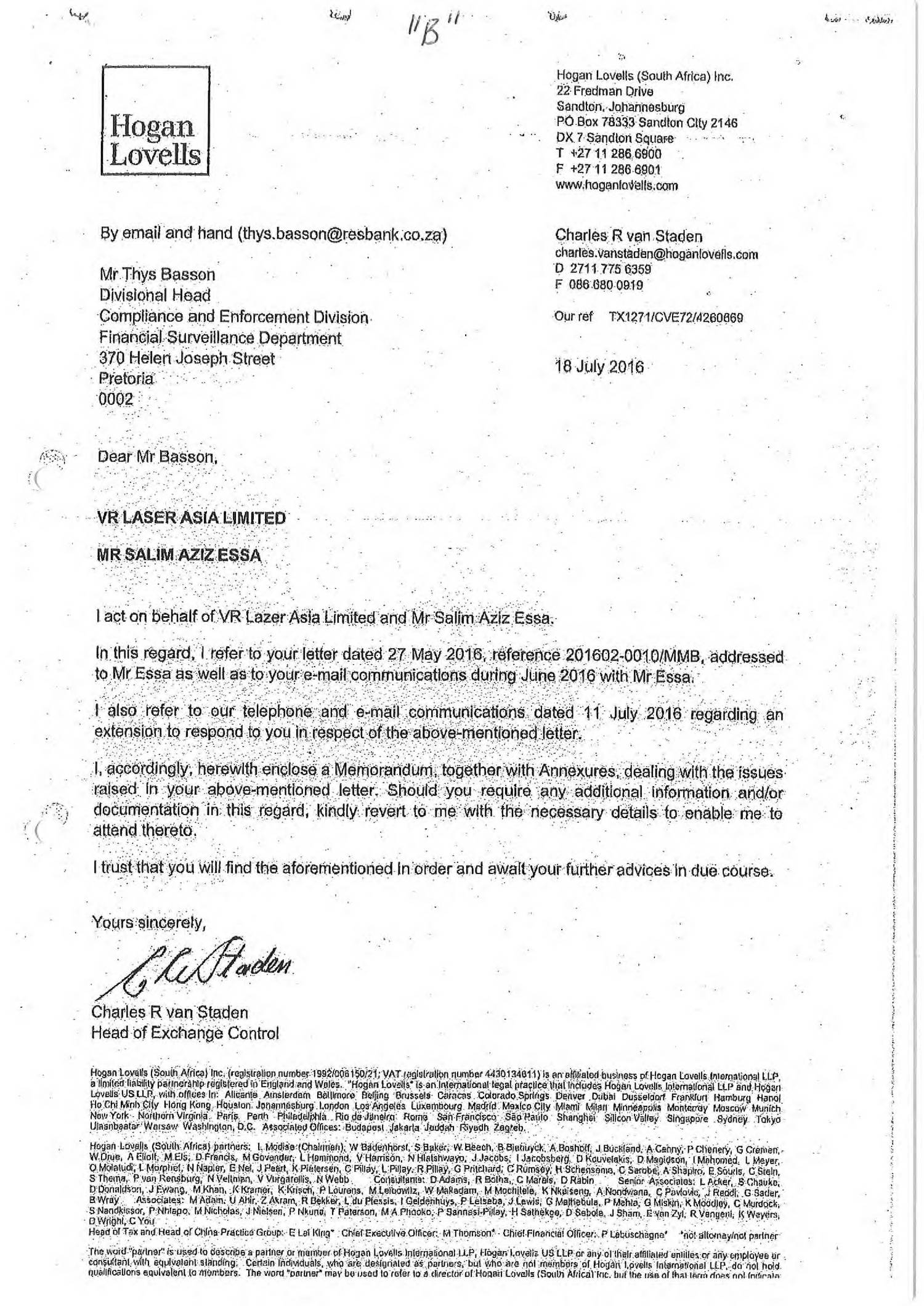 Salim Essa Letter to Reserve Bank explaining that VR Laser Asia has ...