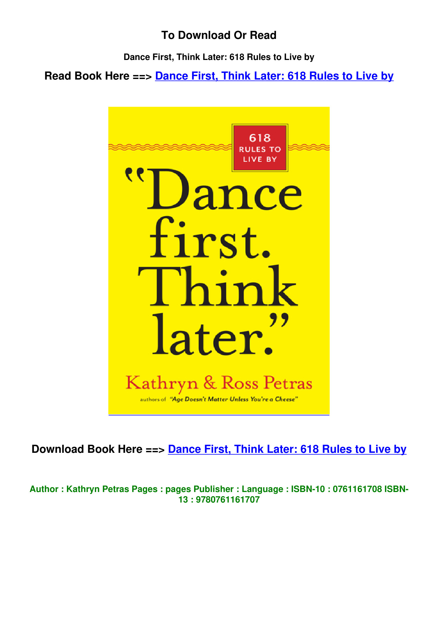 pdf DOWNLOAD Dance First Think Later 618 Rules to Live by BY Kathryn ...