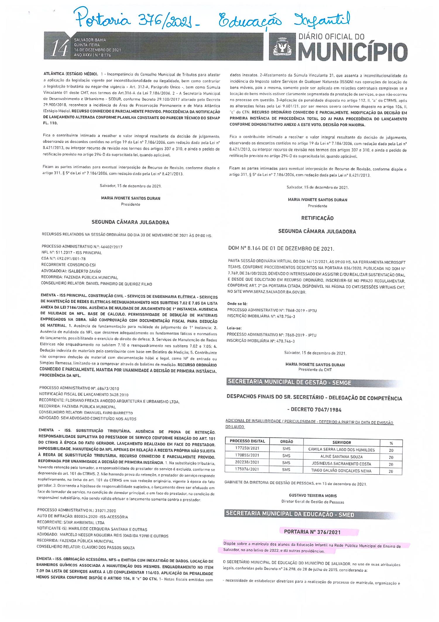 PORTARIA 376 - 2021 - MATRICULA 2022 - EDUCACAO INFANTIL (1) (1).pdf | DocDroid