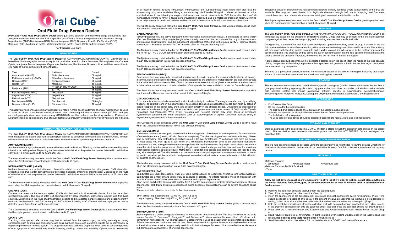 Oral Cube Oral Fluid Drug Screen Device Insert-with exemption statement ...