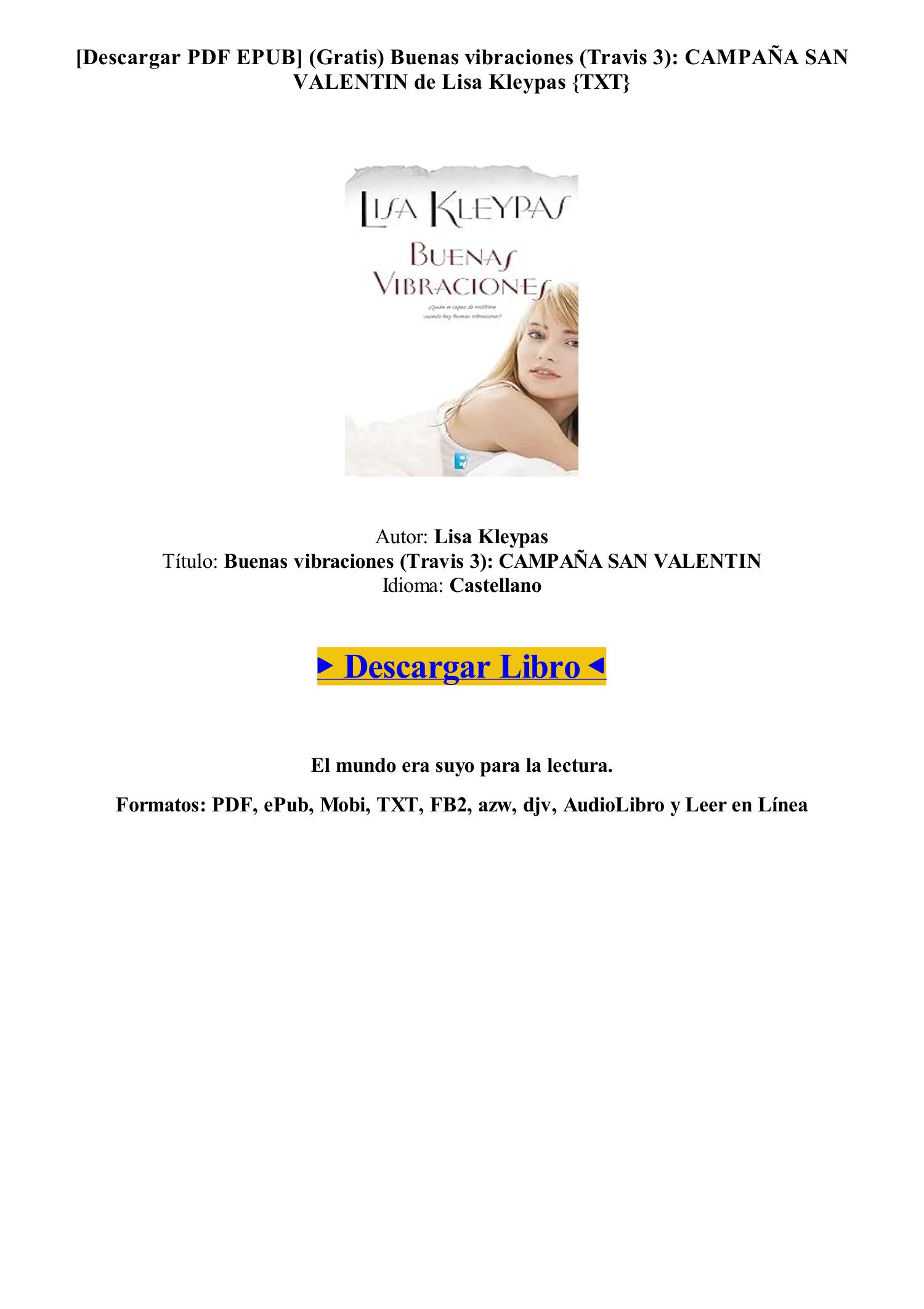 (PDF EPUB) (Gratis) Buenas vibraciones (Travis 3) CAMPAÑA SAN VALENTIN de Lisa Kleypas [MOBI ...