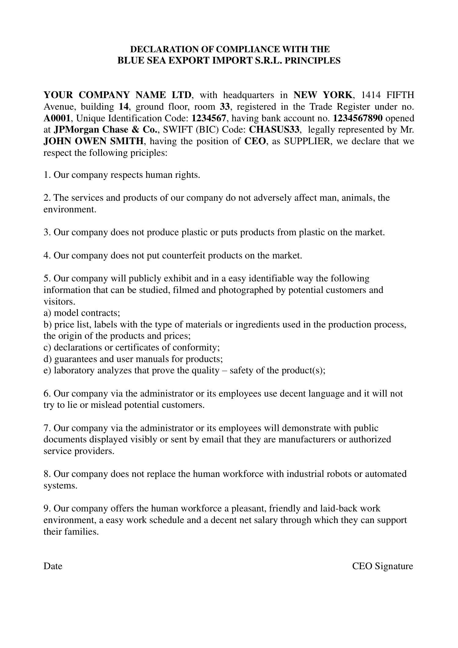 DECLARATION OF COMPLIANCE WITH THE BLUE SEA EXPORT IMPORT PRINCIPLES ...