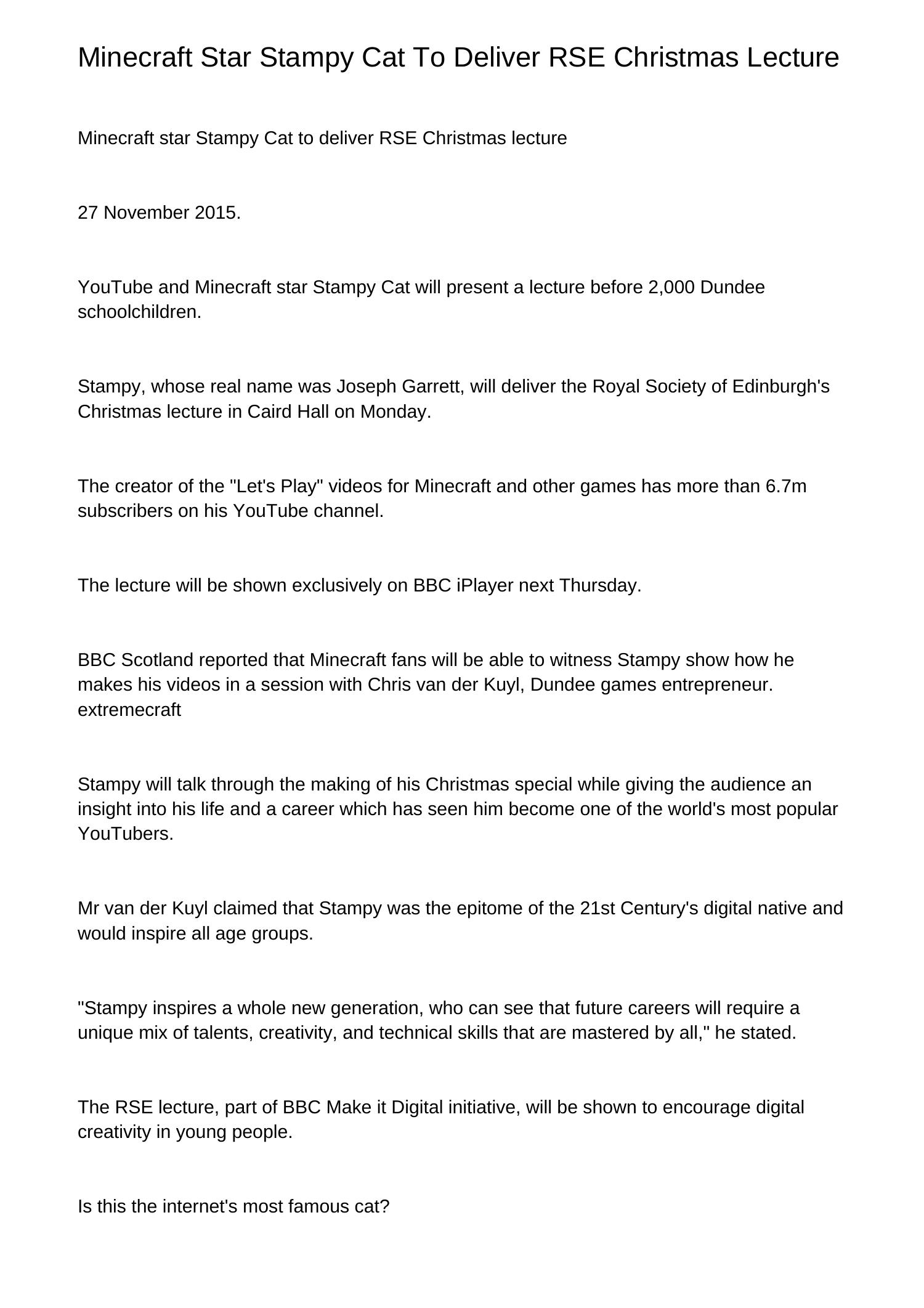 Minecraft Star Stampy Cat To Deliver RSE Christmas Lectureaesoh.pdf.pdf ...
