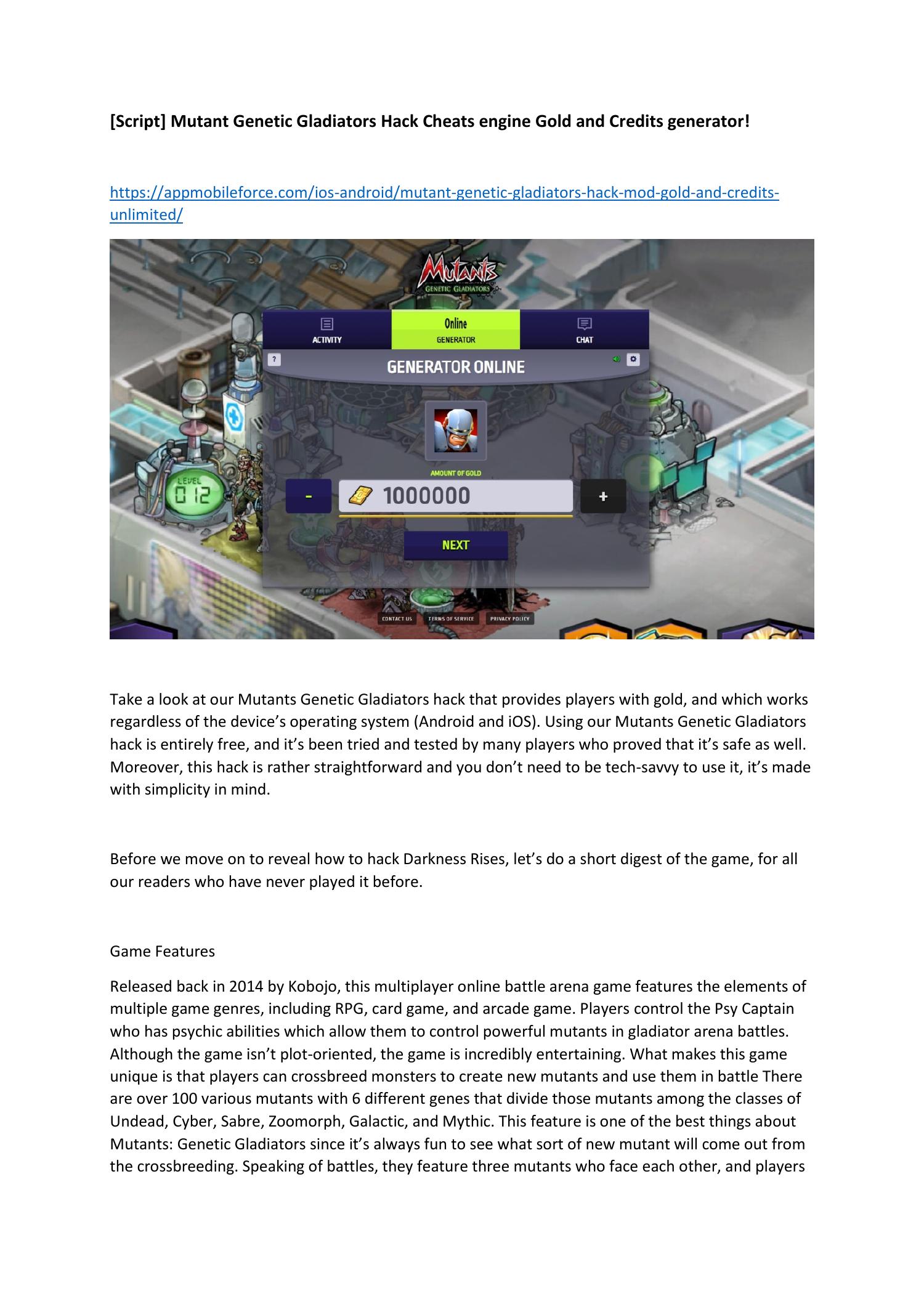 [Script] Mutant Genetic Gladiators Hack Cheats engine Gold and Credits ...
