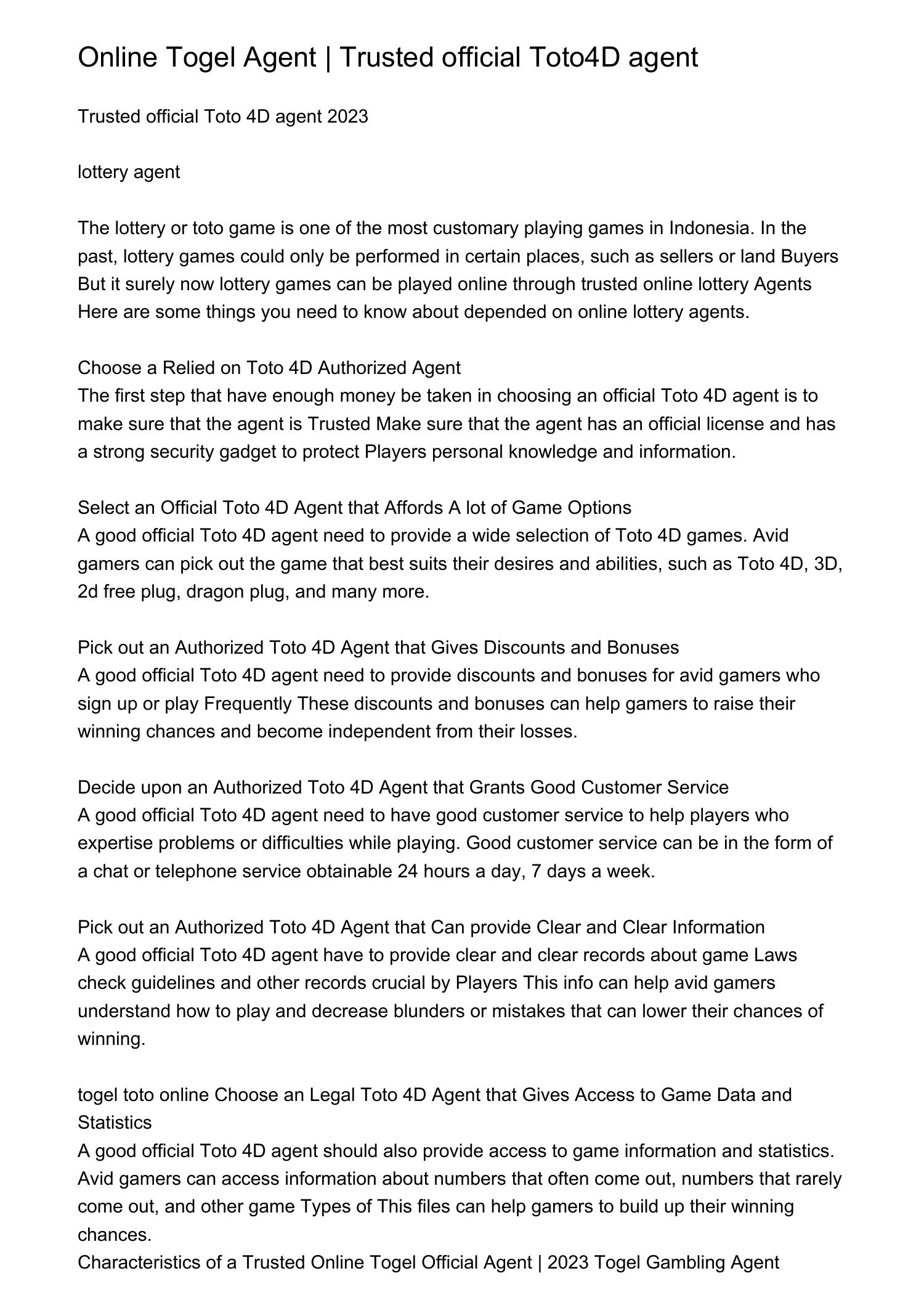 Online Togel Agent Depended on official Toto4D agentjnqrz.pdf.pdf | DocDroid