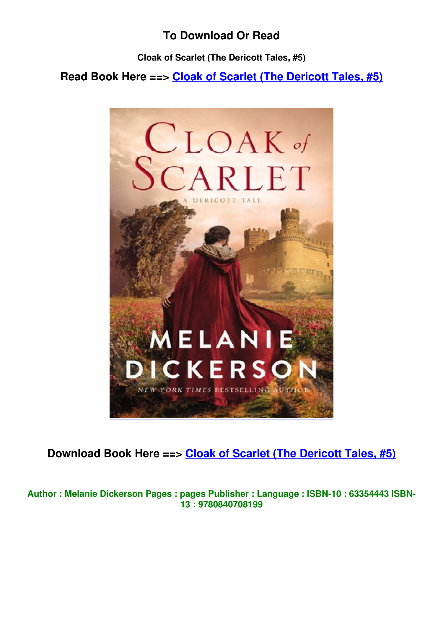 DOWNLOAD pdf Cloak of Scarlet The Dericott Tales 5 BY Melanie Dickerson ...