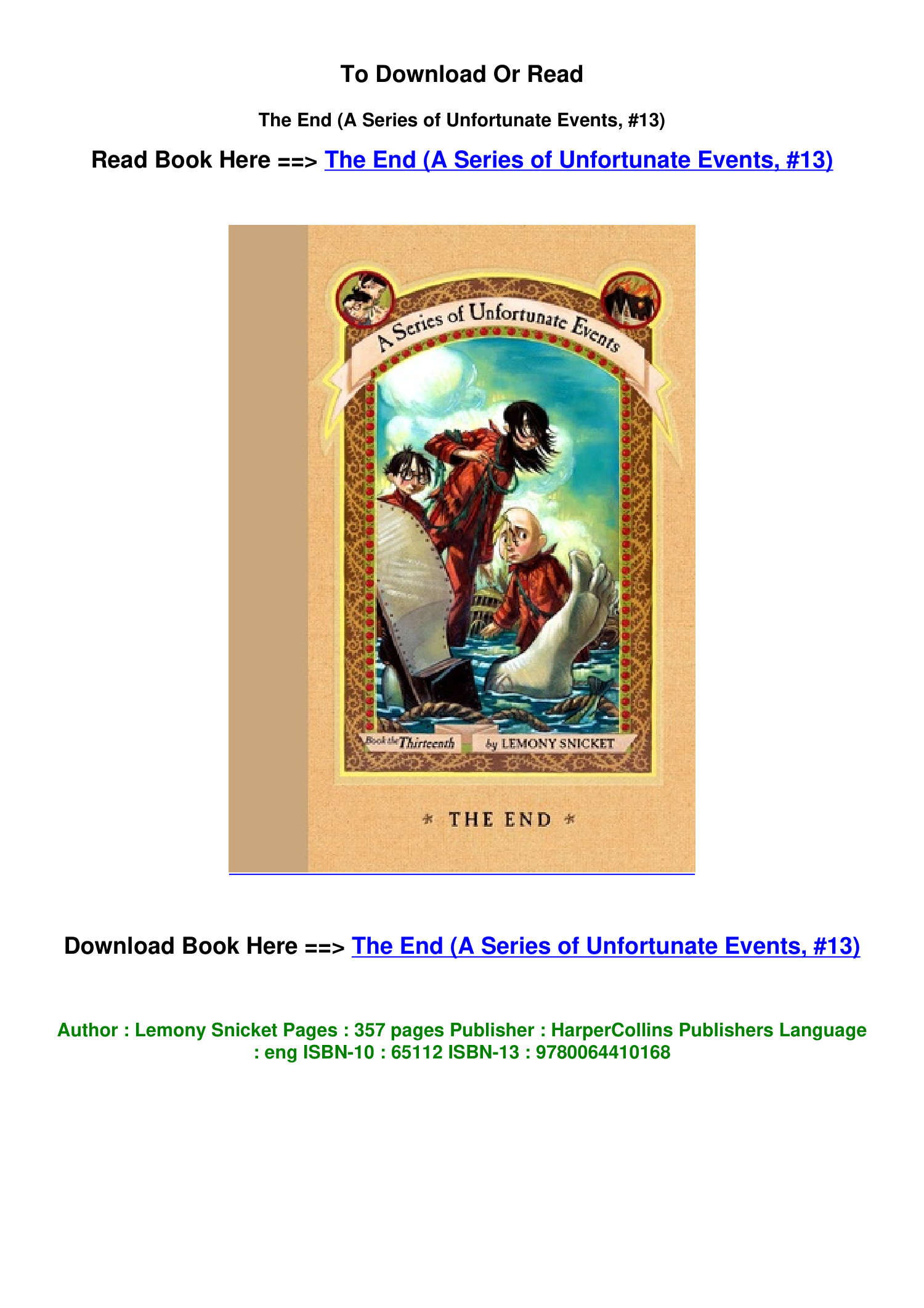 Download Epub The End A Series Of Unfortunate Events 13 By Lemony