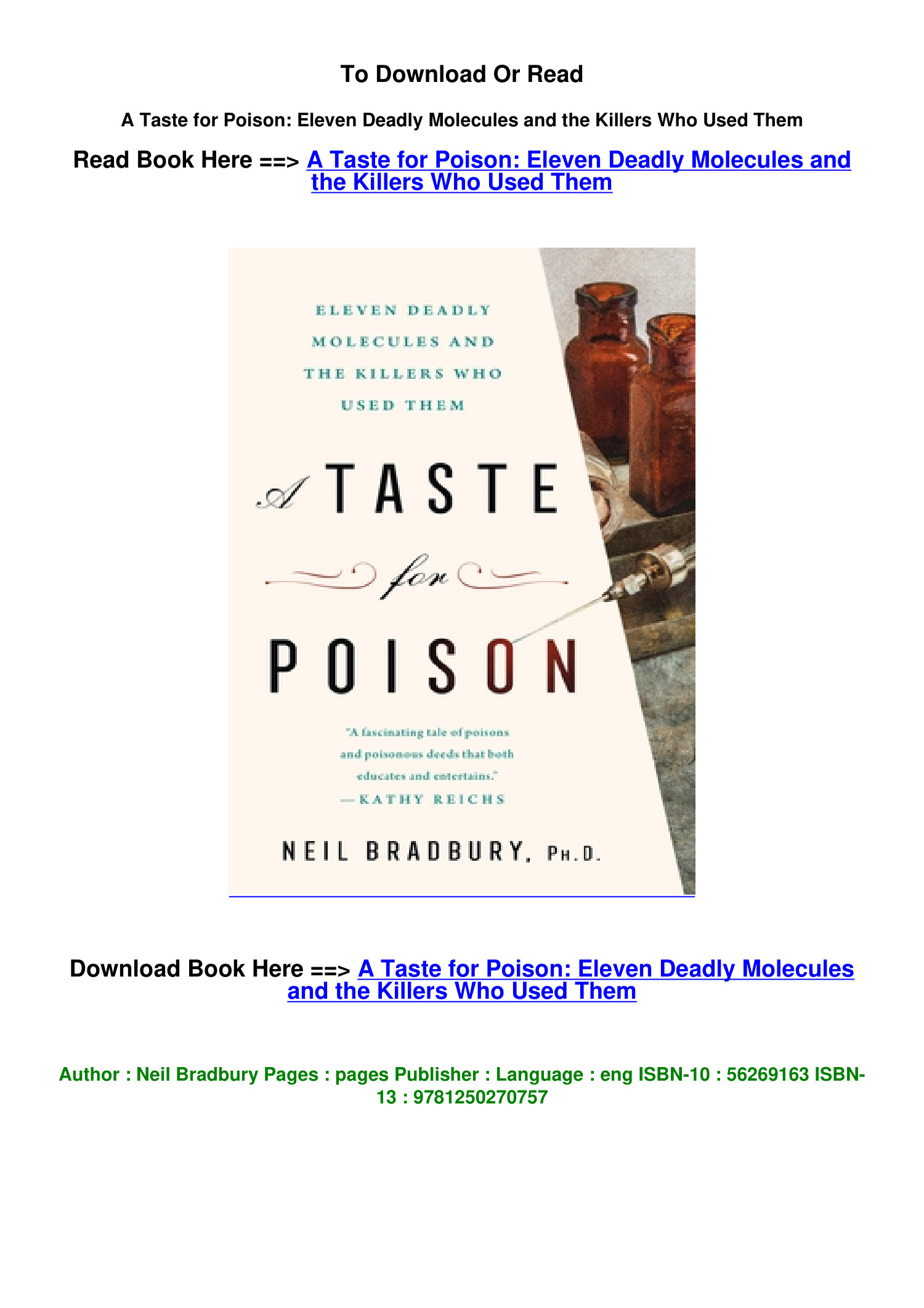 download PDF A Taste for Poison Eleven Deadly Molecules and the Killers ...